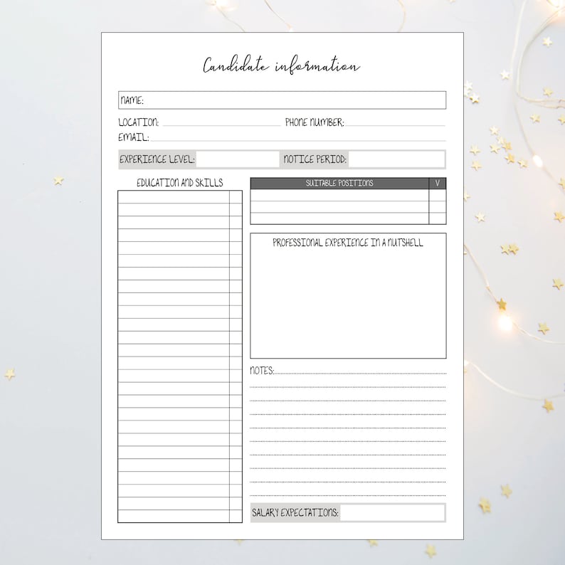 Candidate Record Sheet for Recruiters, Candidates Information Log ...