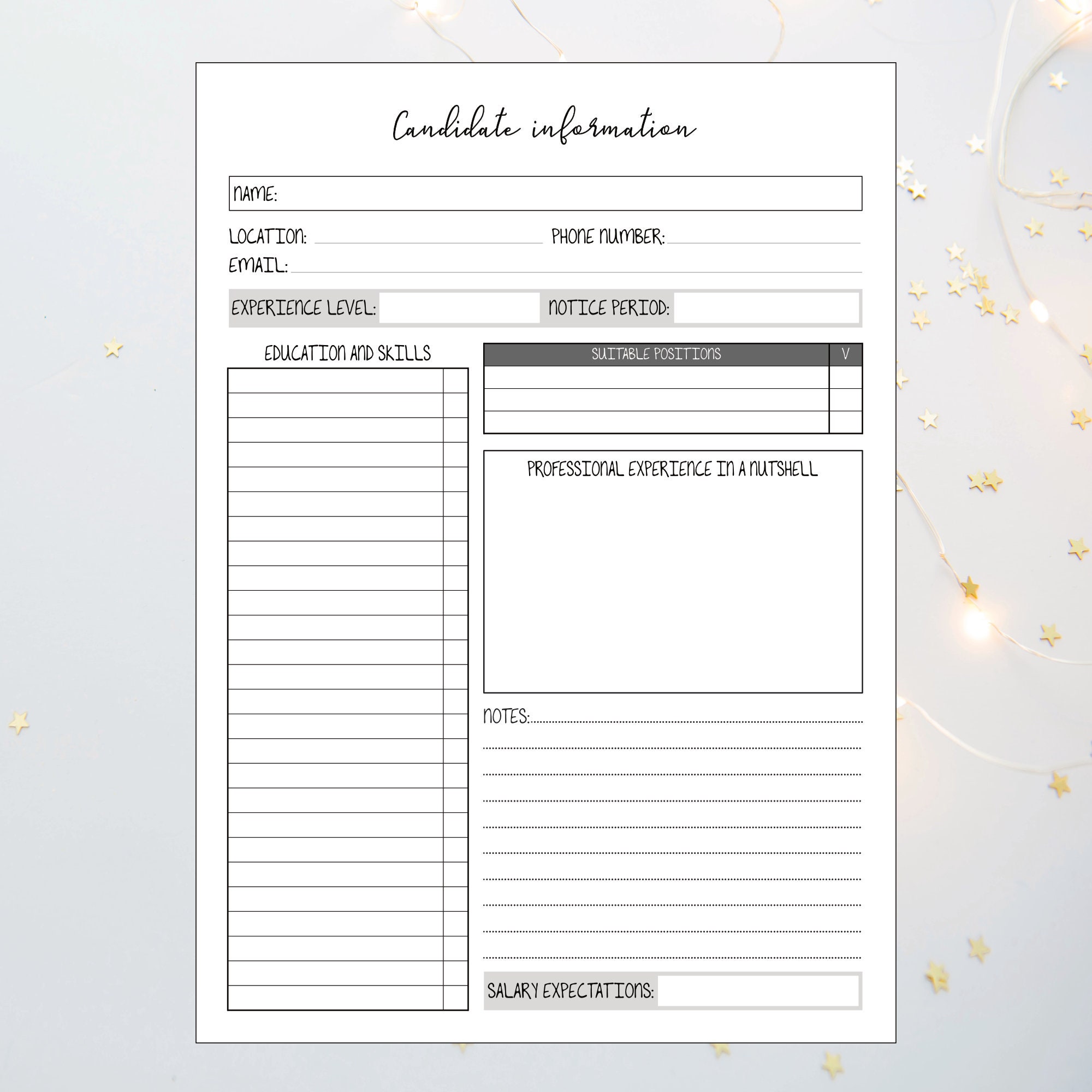 Candidate Record Sheet for Recruiters, Candidates Information Log ...