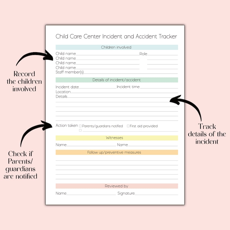 Incident Report Form, Child Care Health and Safety Log, Accident Report ...