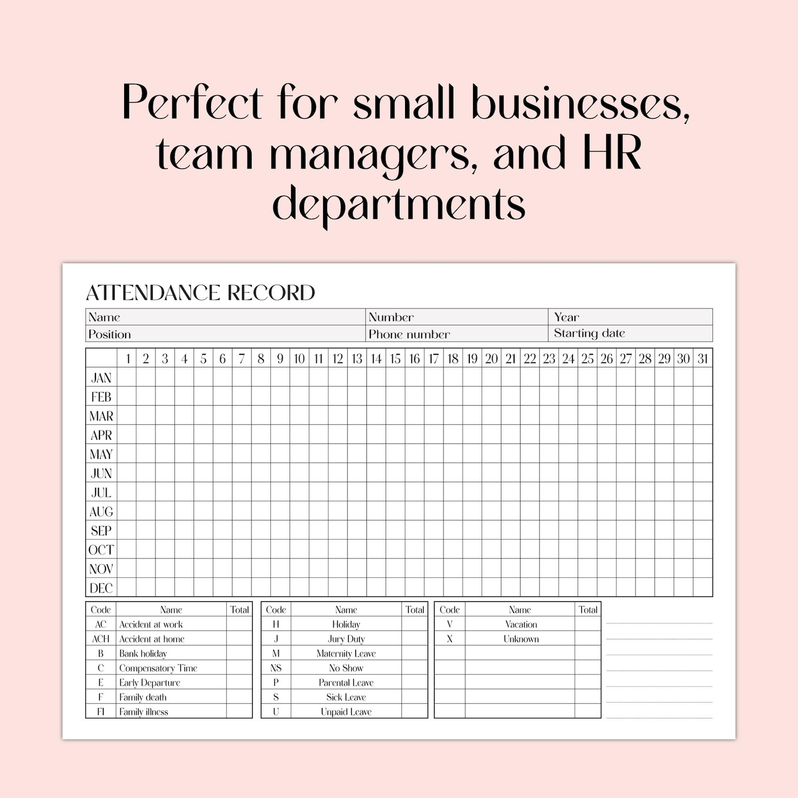 Absence Tracker: Employee Attendance Log, Daily Staff Absence Tracker ...