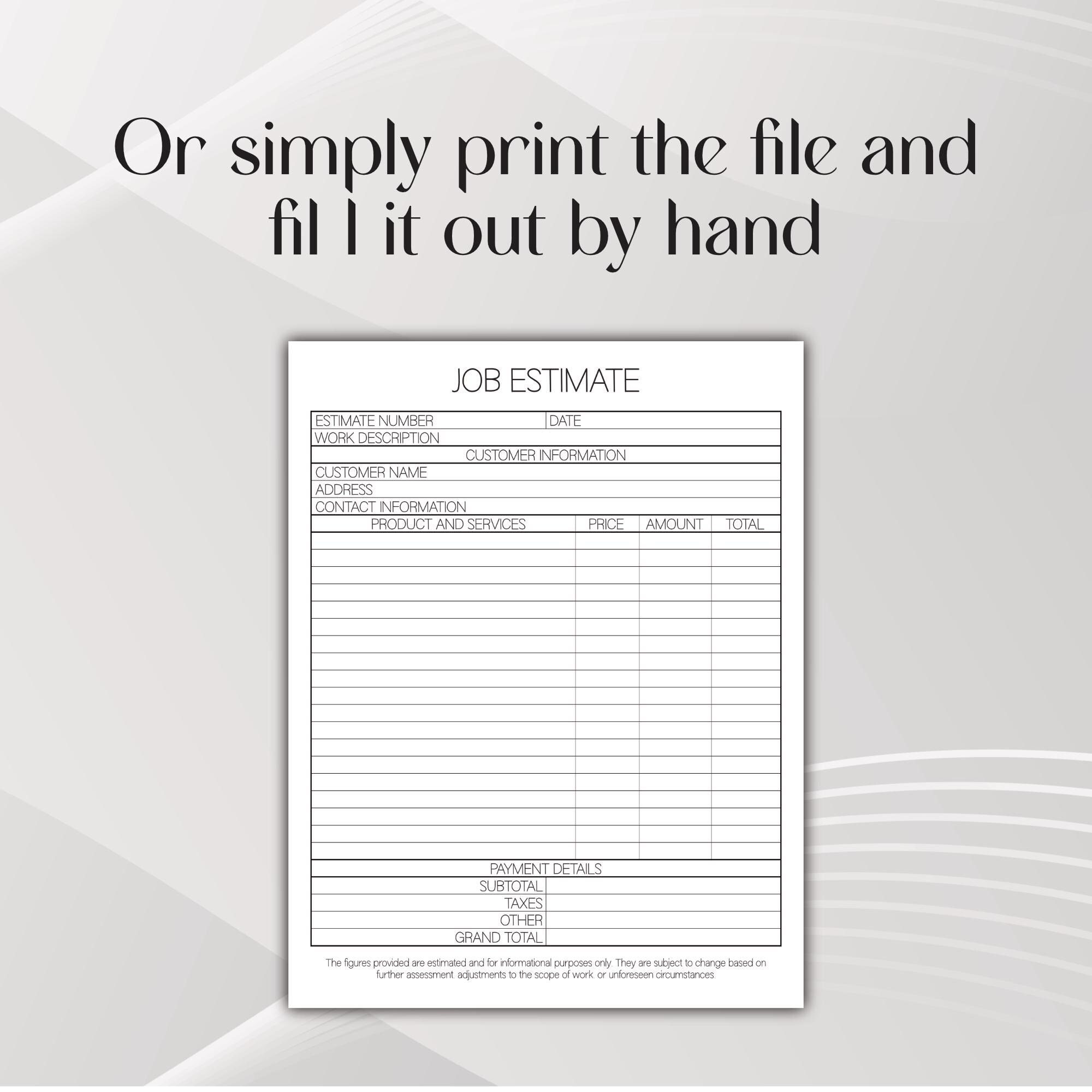 Job Estimate Printable, Fillable Simple Business Form, Construction ...