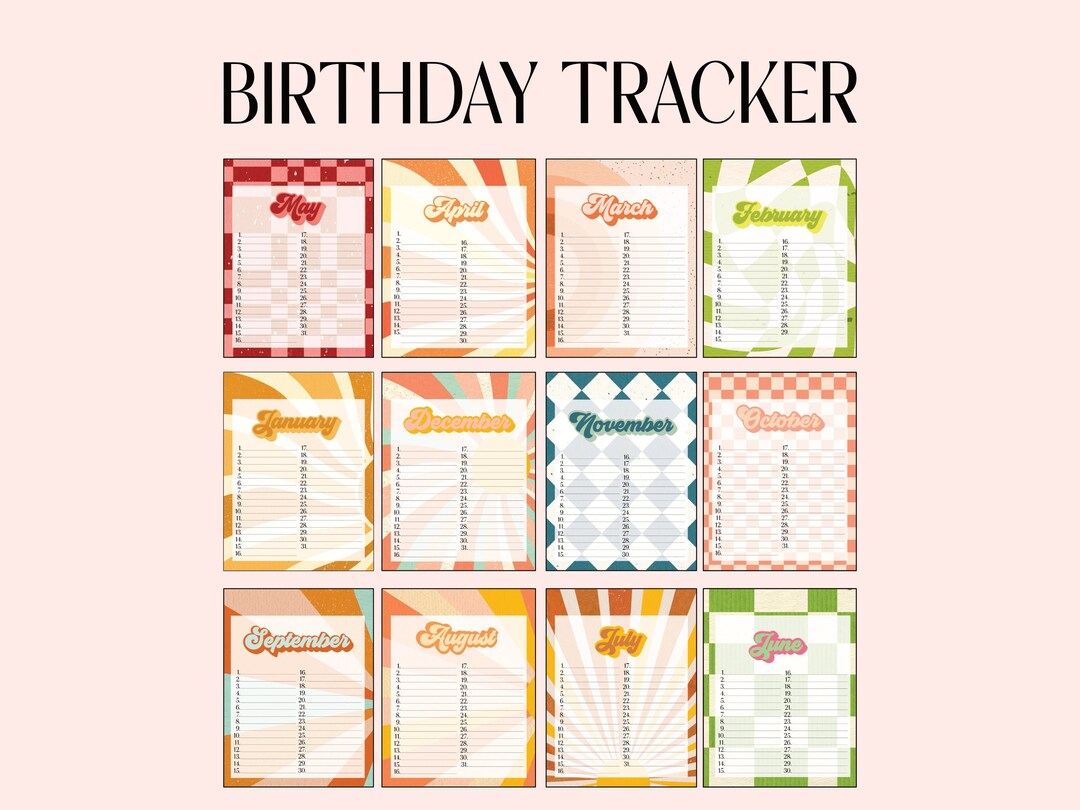 Printable Birthday Calendar, Retro Colourful Checkered Calendar ...