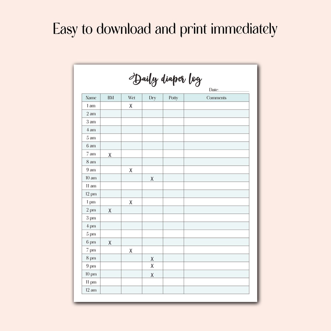 Diaper Log Printable, Daily Changing Tracker, Infant Changing Chart, 6 ...