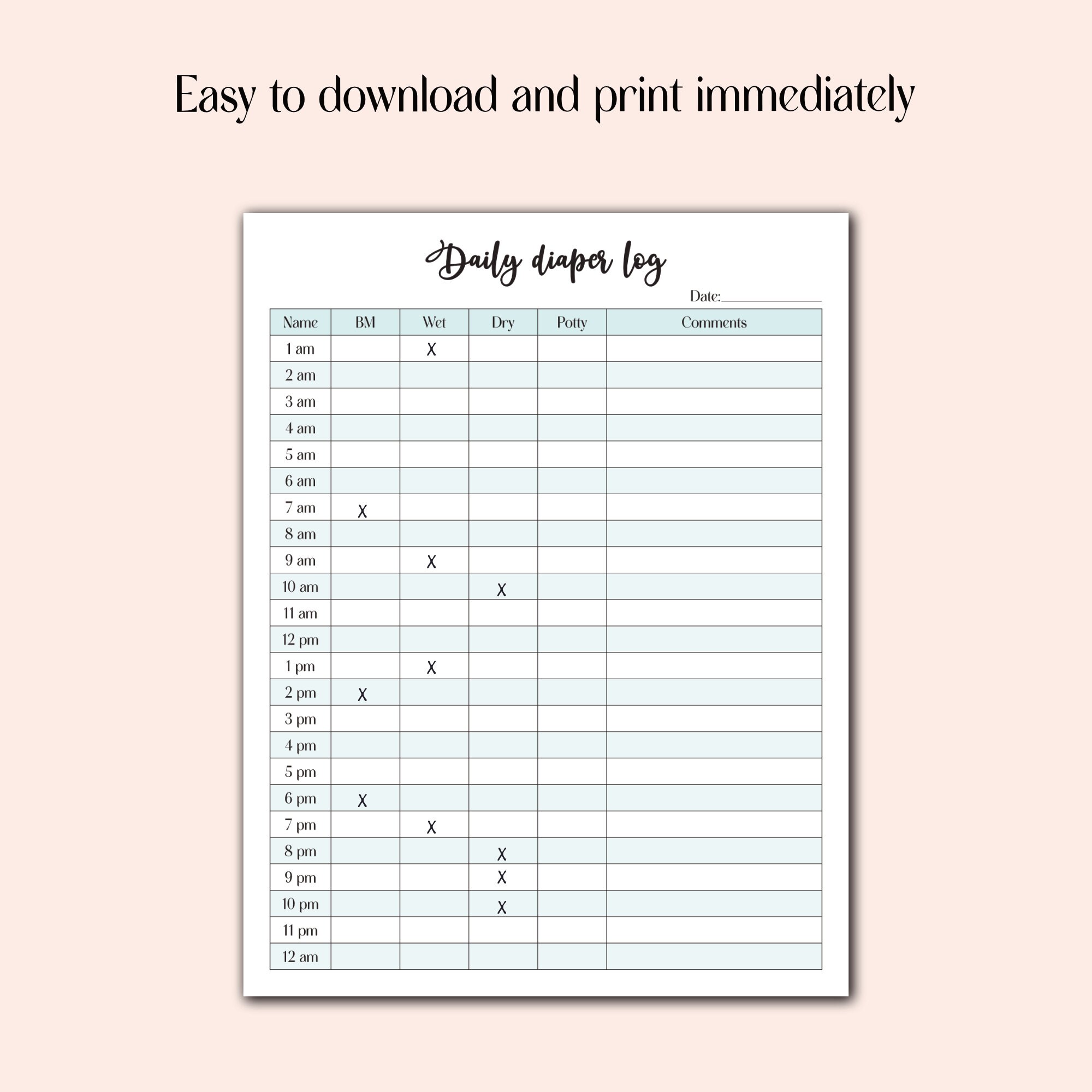 Diaper Log Printable, Daily Changing Tracker, Infant Changing Chart, 6 ...