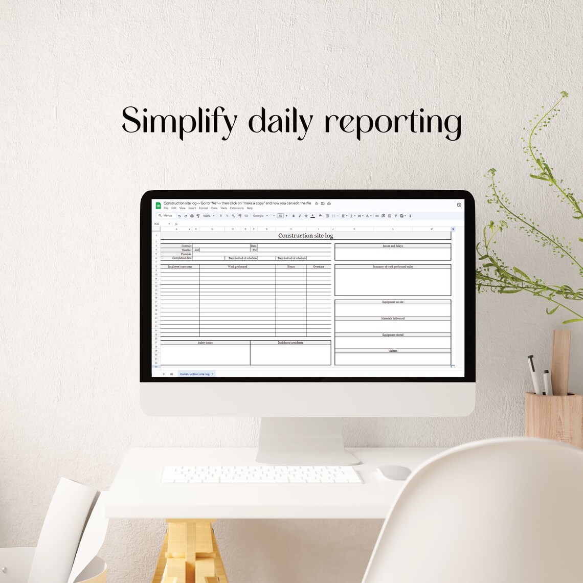 Construction Site Log Editable in Google Sheets, Job Site Project ...