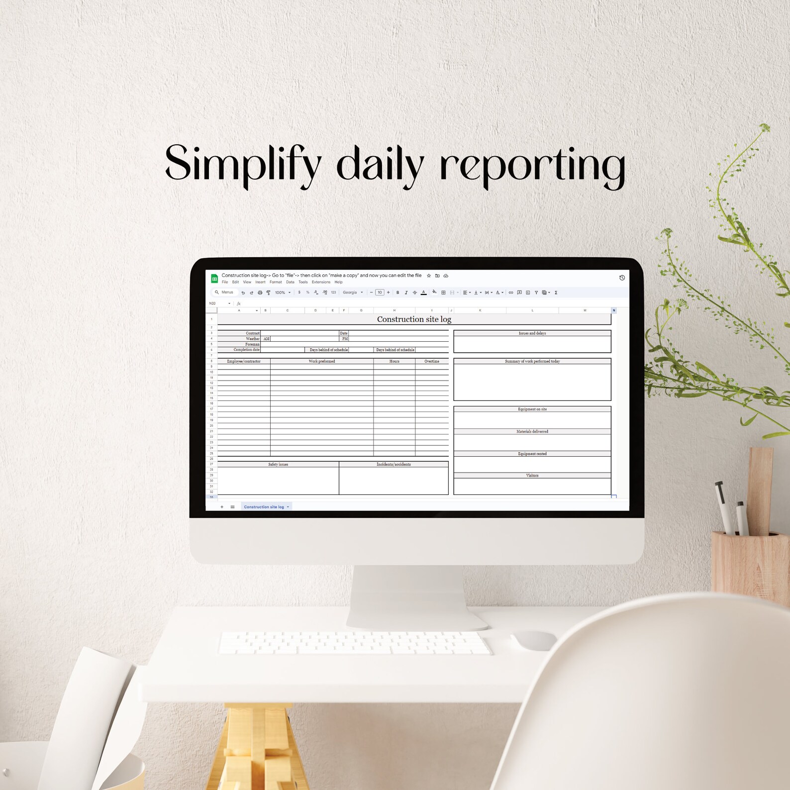 Construction Site Log Editable in Google Sheets, Job Site Project ...