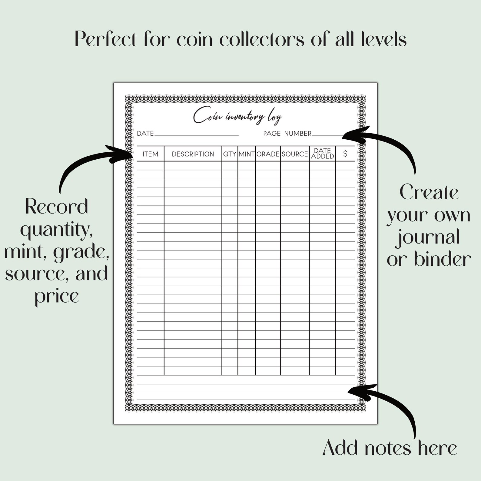 Coin Collection, Coin Inventory, Collectible Coin Inventory Log ...