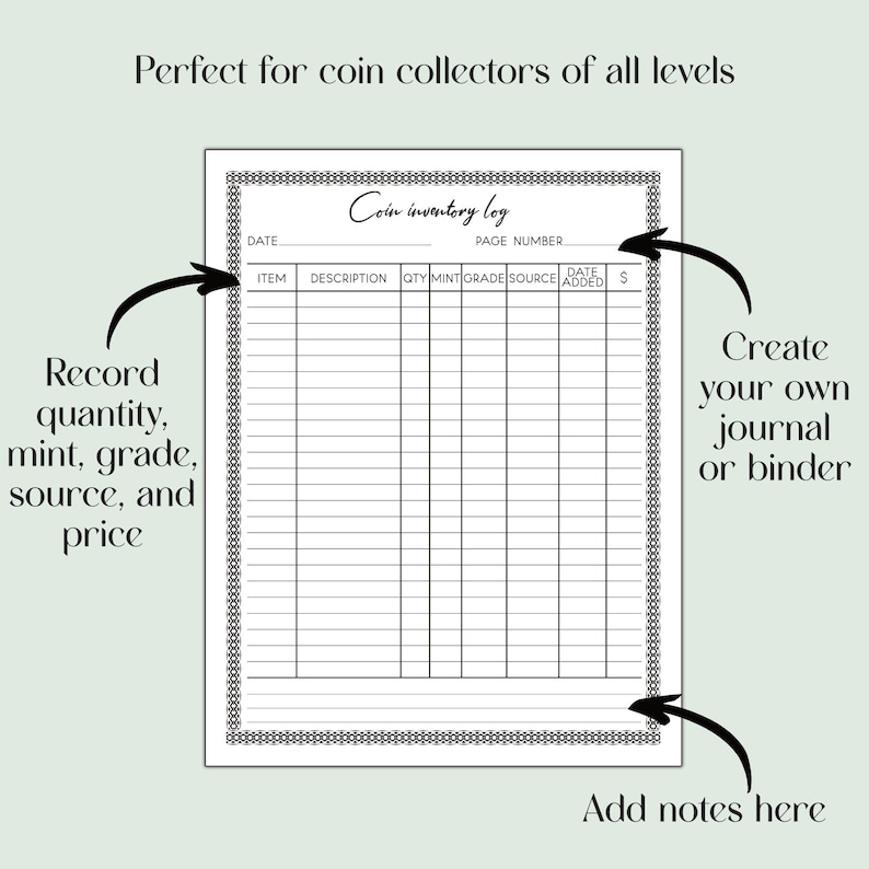 Coin Collection, Coin Inventory, Collectible Coin Inventory Log ...