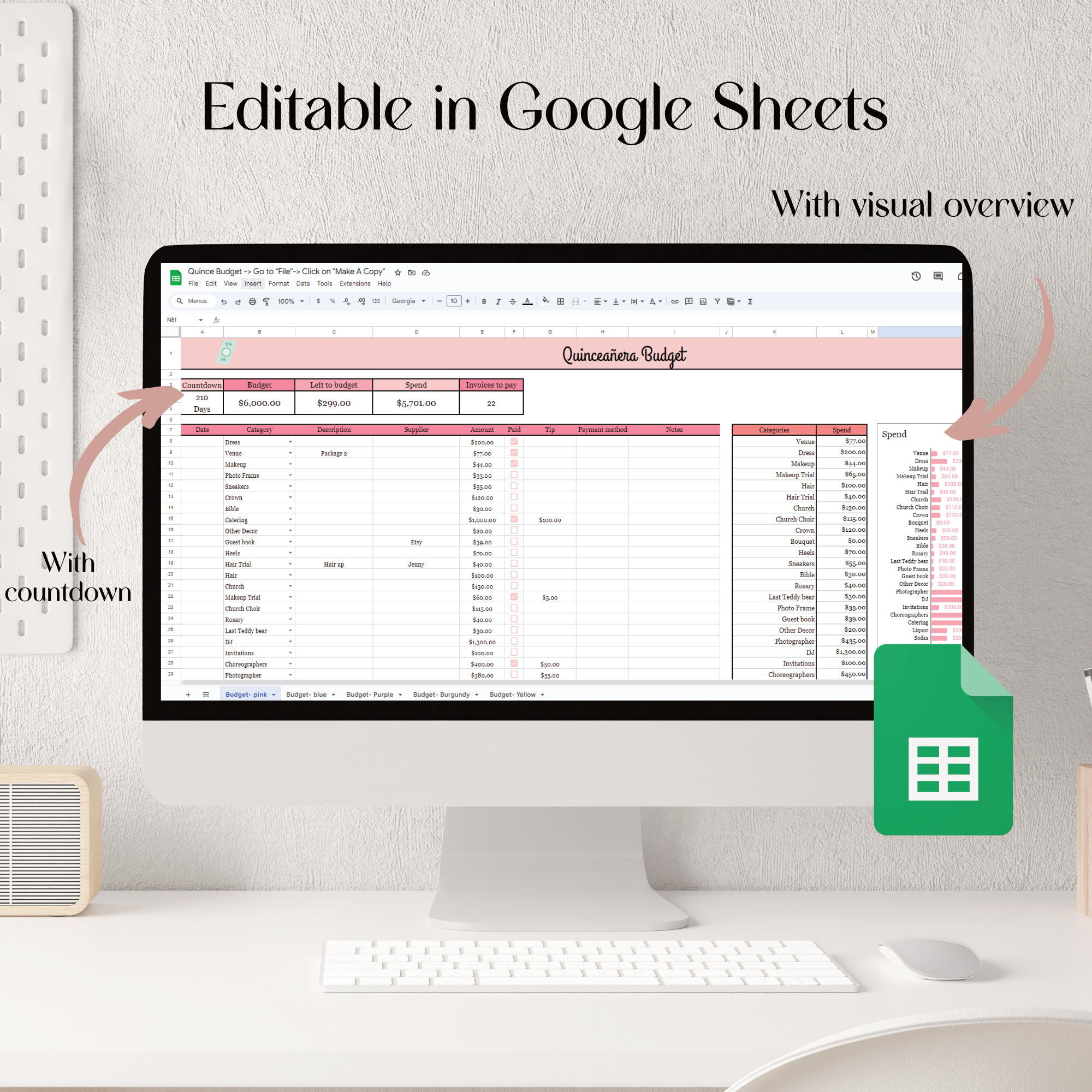 Quinceañera Budget Planner, Editable in Google Sheets, Quince Budgeting ...