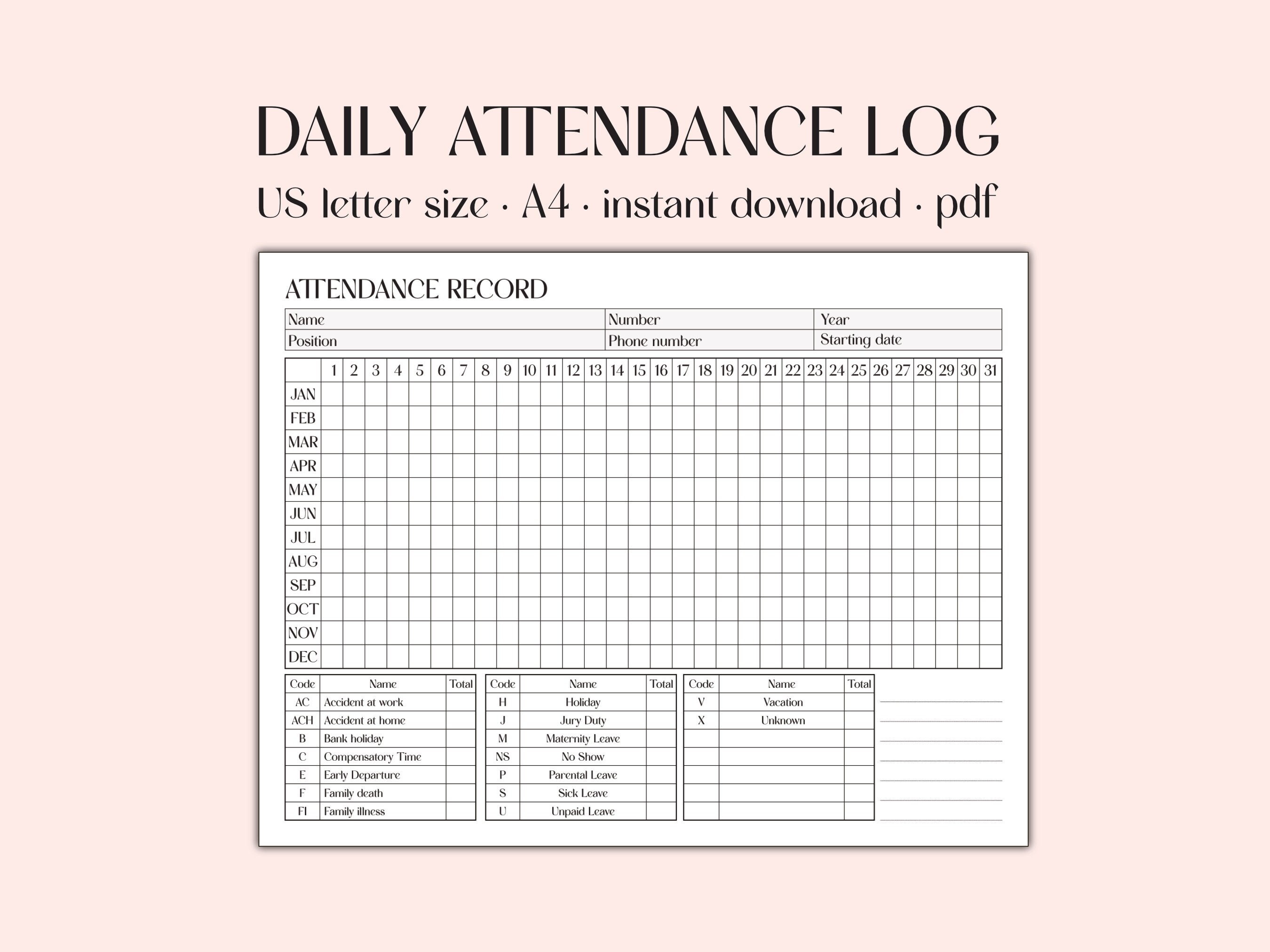 Absence Tracker, Employee Attendance Tracker, Daily Staff Absence Log ...