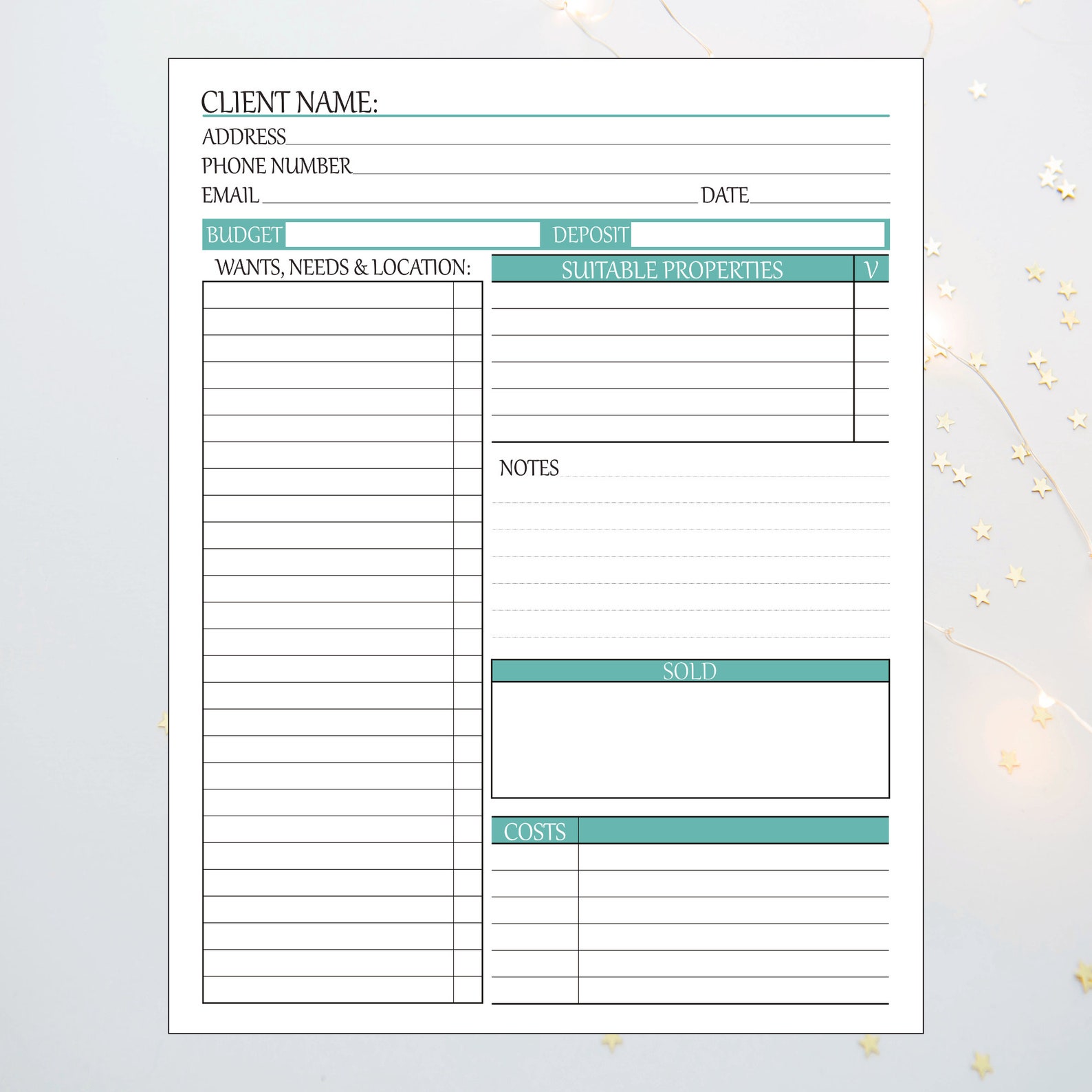 Real Estate Client Information Sheet Realtor Templates & Questionnaire ...