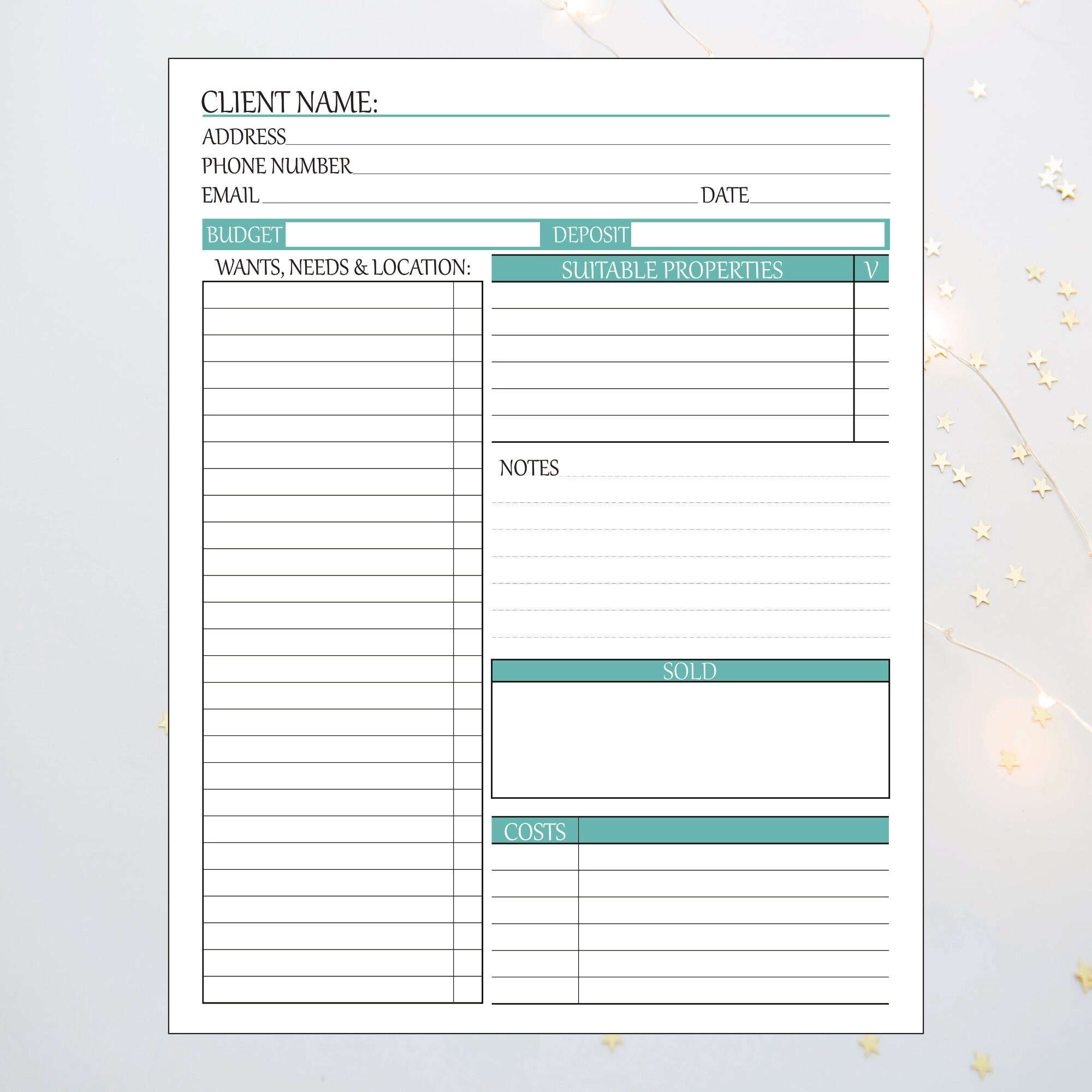 Real Estate Client Information Sheet Realtor Templates & Questionnaire ...