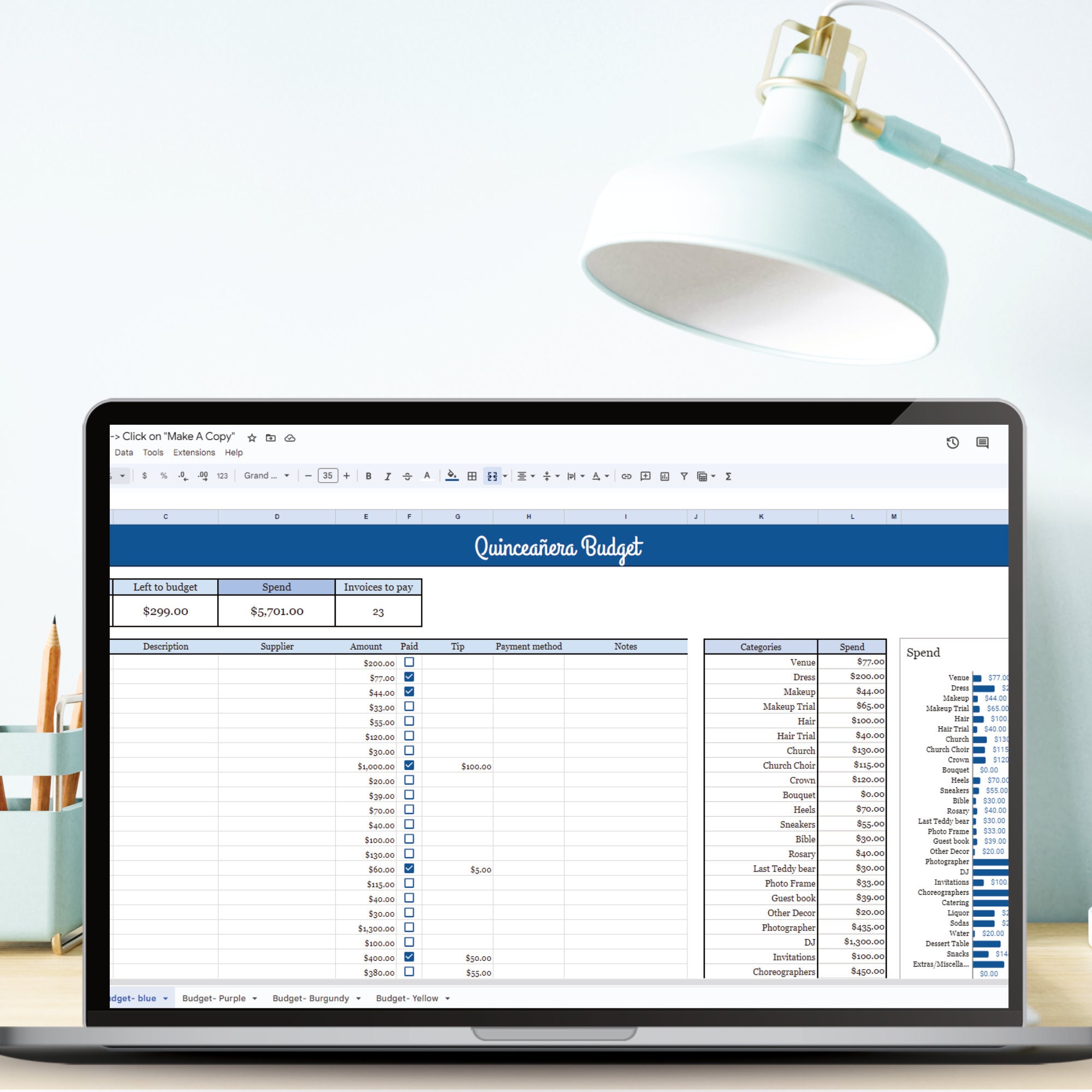 Quinceañera Budget Planner, Editable in Google Sheets, Quince Budgeting ...