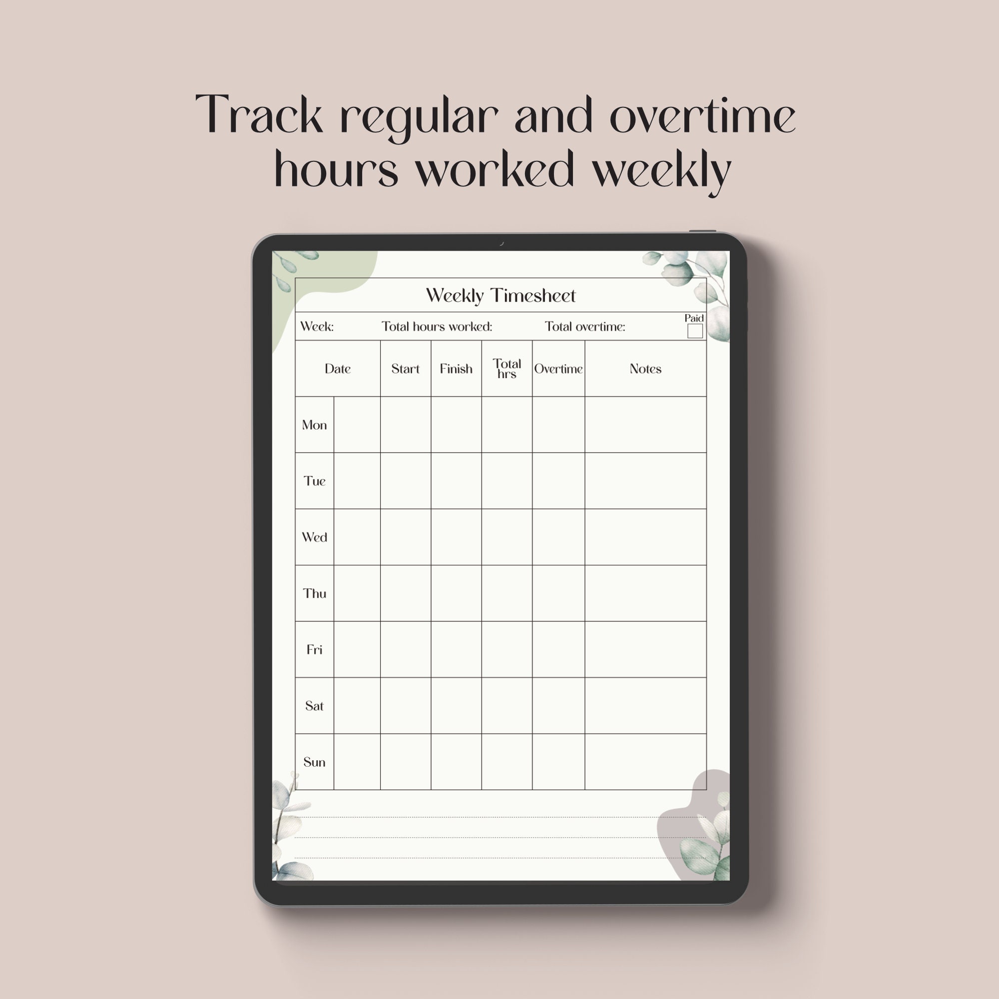 Timesheet Tracker, Weekly Time Sheet, Digital Work Hour Log, Overtime ...