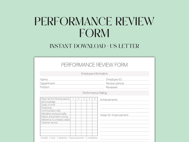 Performance Review Form, Employee Work Evaluation Sheet, Job Feedback ...
