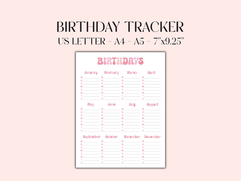 Birthday Tracker Printable - Pink Birthday Tracking Template | Birthday ...