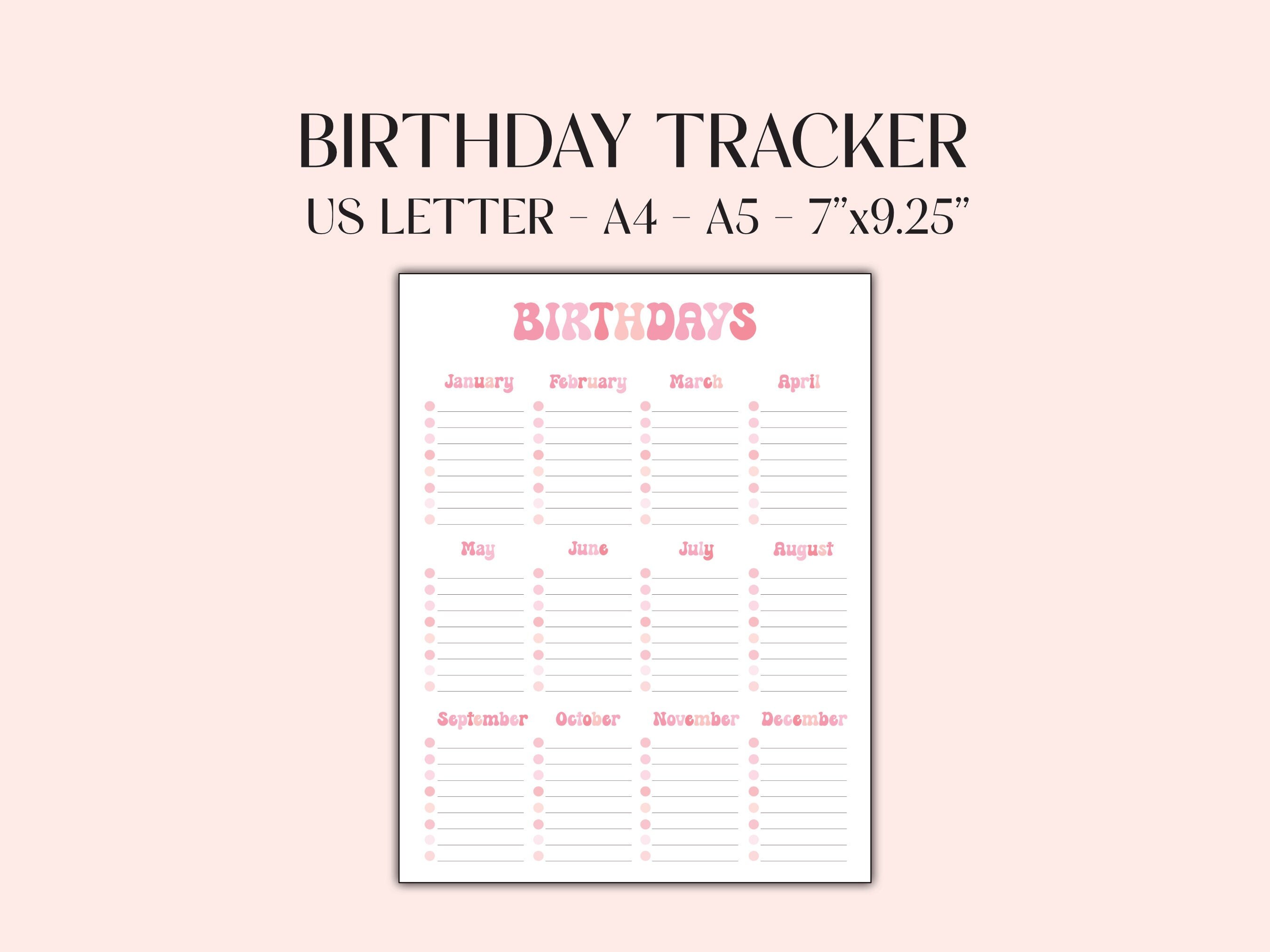 Birthday Tracker Printable - Pink Birthday Tracking Template | Birthday ...