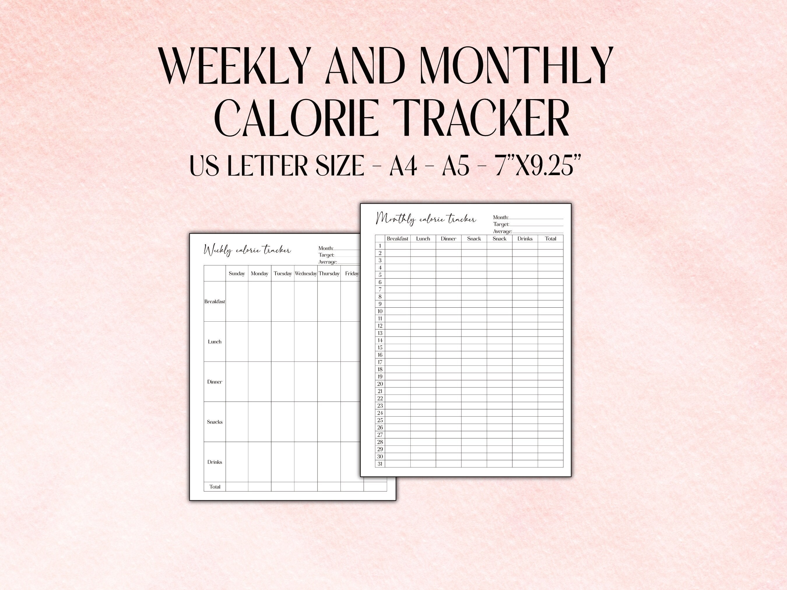 Calorie Tracker, Printable Daily Weekly and Monthly Calories Counter ...
