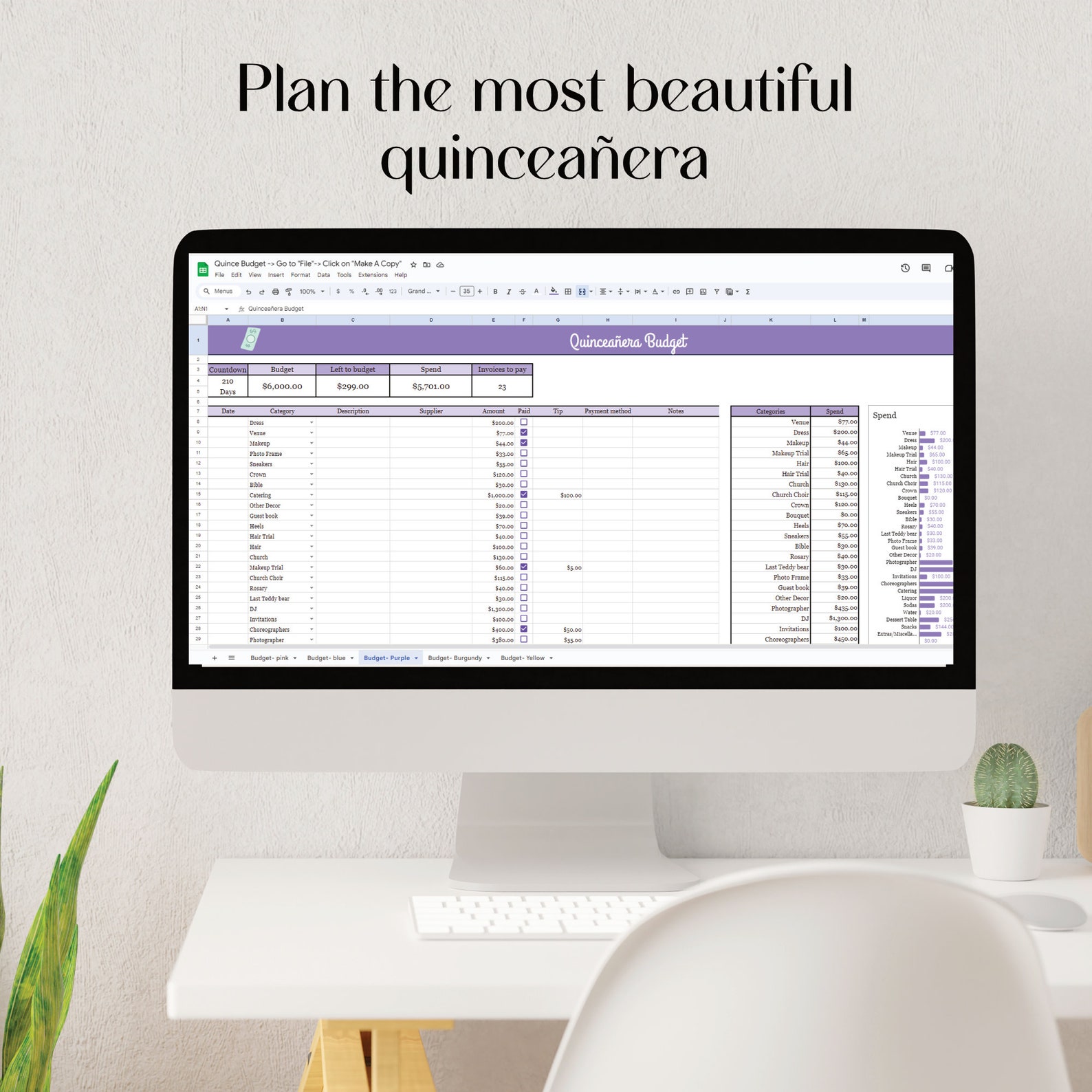 Quinceañera Budget Planner, Editable in Google Sheets, Quince Budgeting ...