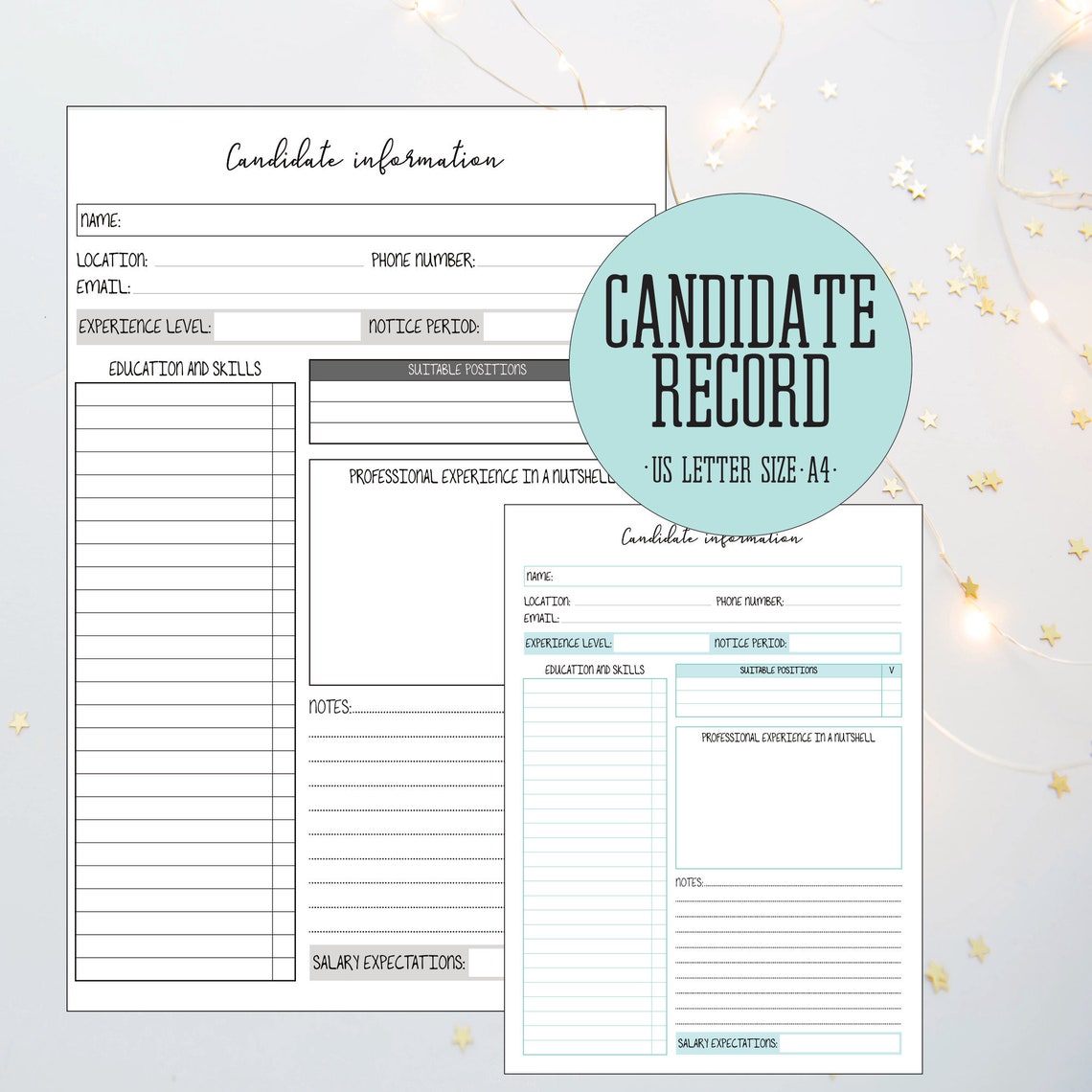 Candidate Record Sheet for Recruiters Candidates Information - Etsy Ireland