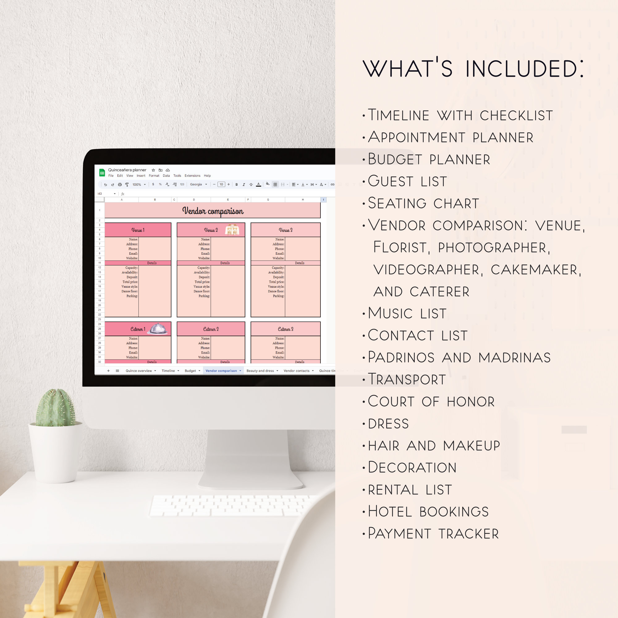 Quinceañera Planner, Editable in Google Sheets, Quince Planning ...