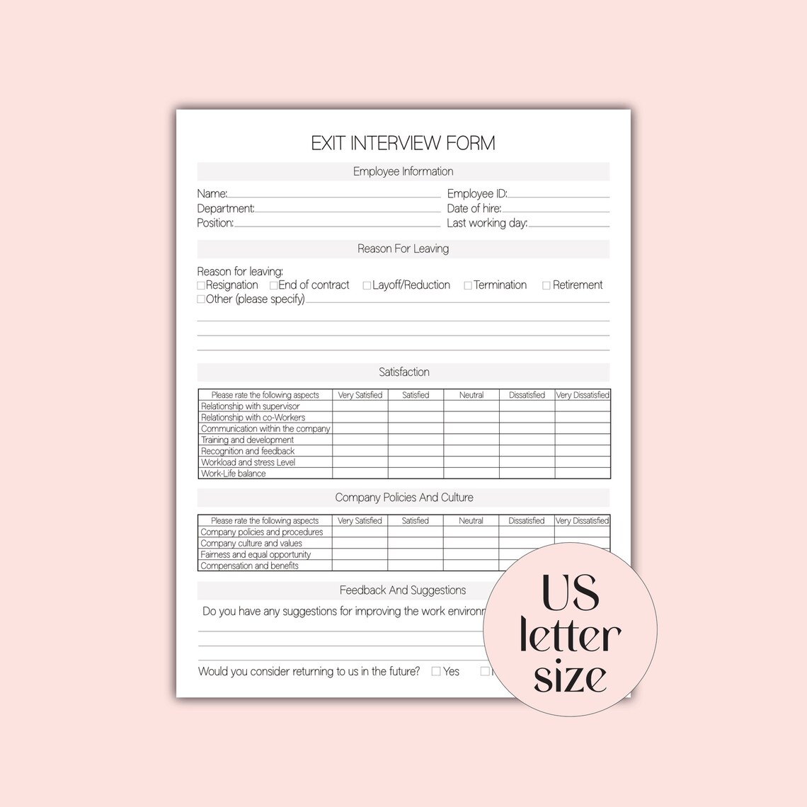 Exit Interview Form, Employee Resignation Feedback Survey, Departing Employee Questionnaire ...