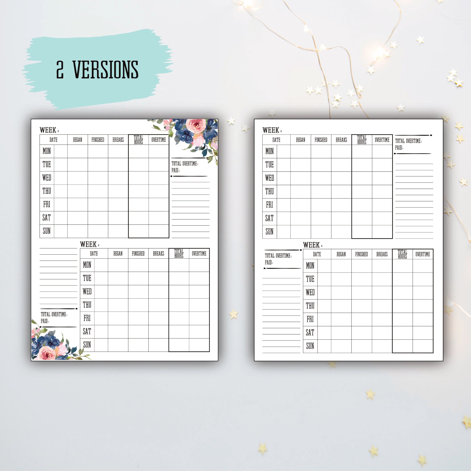 Weekly Time Sheet, Work Hour Log Including Overtime, Timesheet ...