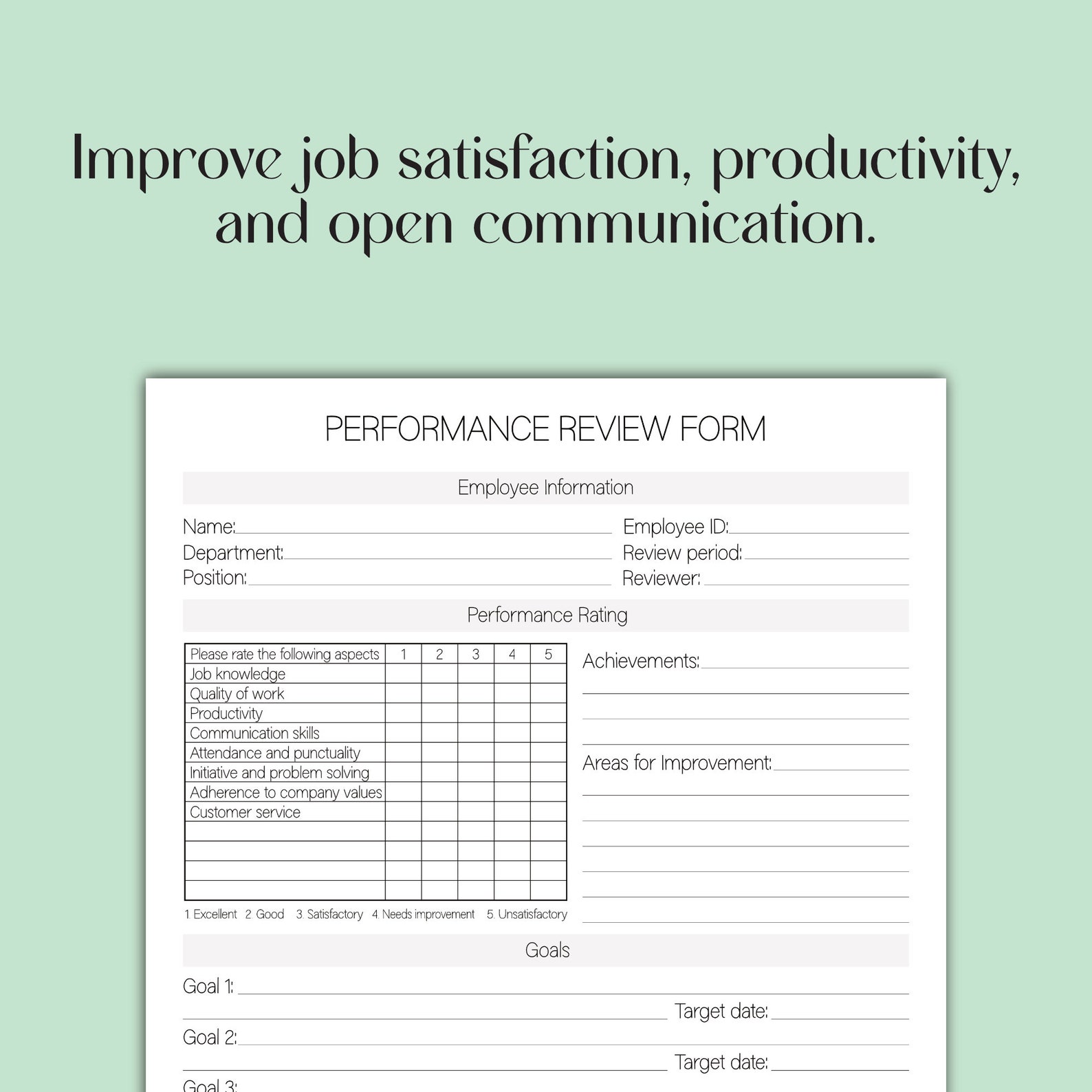 Performance Review Form, Employee Work Evaluation Sheet, Job Feedback ...