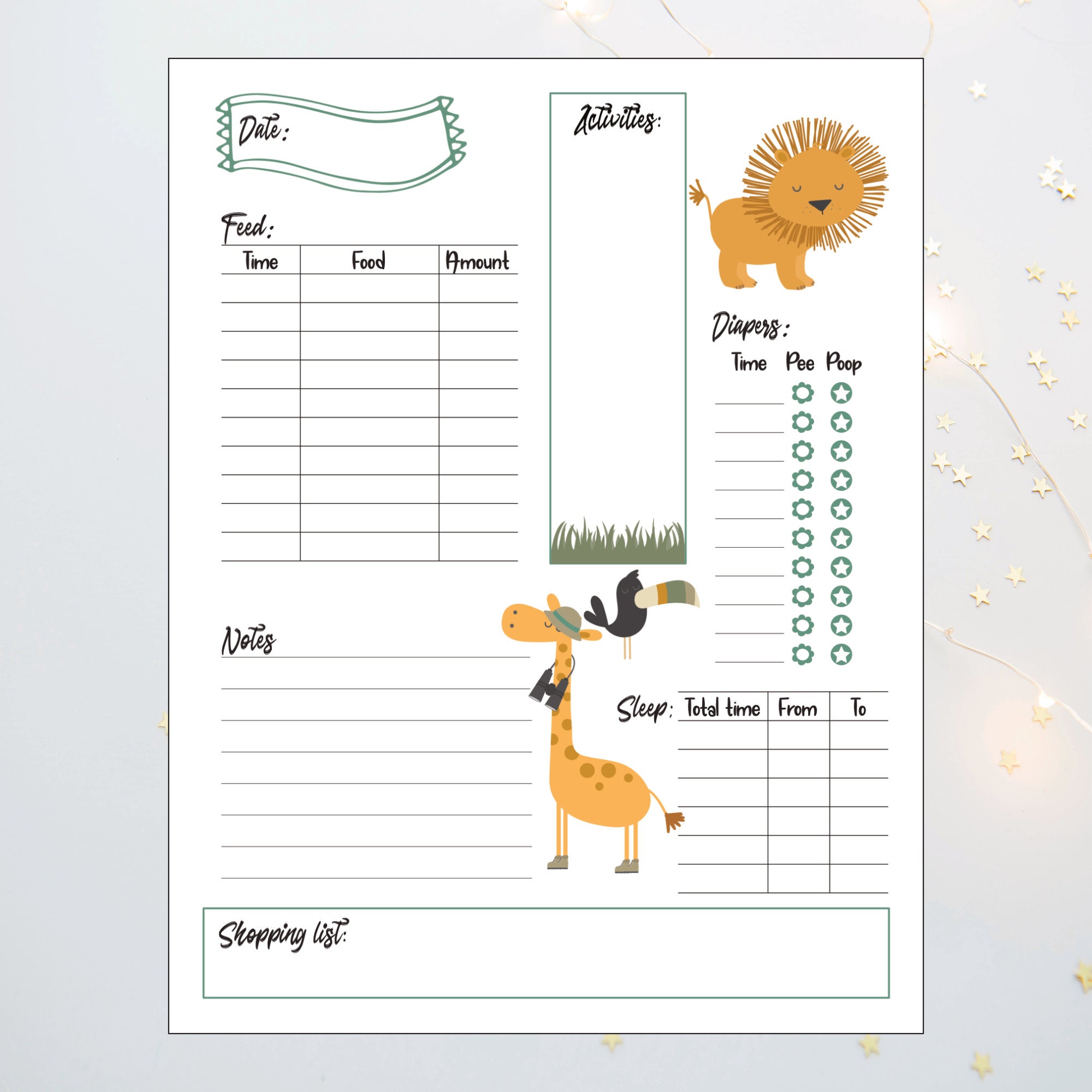 Printable Baby Log, Jungle / Safari Theme, Daily Baby Report, Printable ...