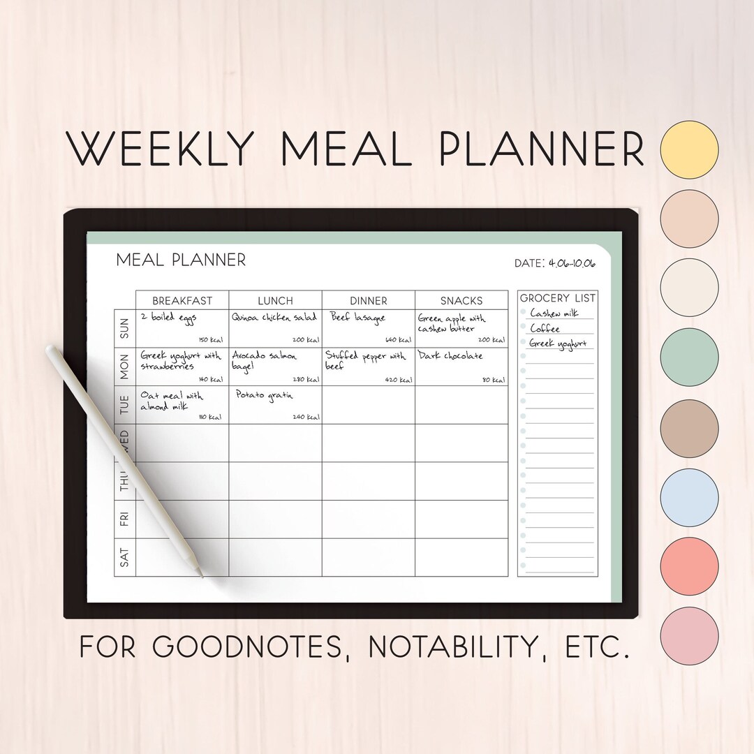 Digital Weekly Meal Planner for Goodnotes or Notability, 8 Colors ...