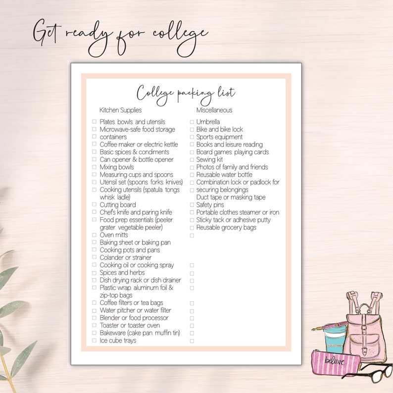 College Packing Checklist, Printable University Essentials Lists ...