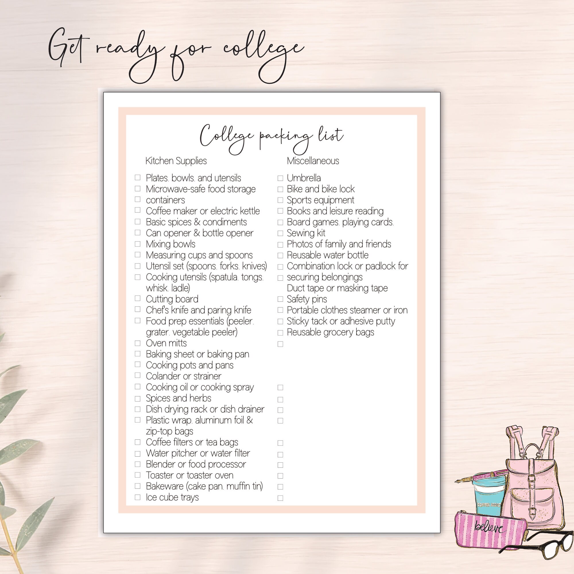 College Packing Checklist, Printable University Essentials Lists ...