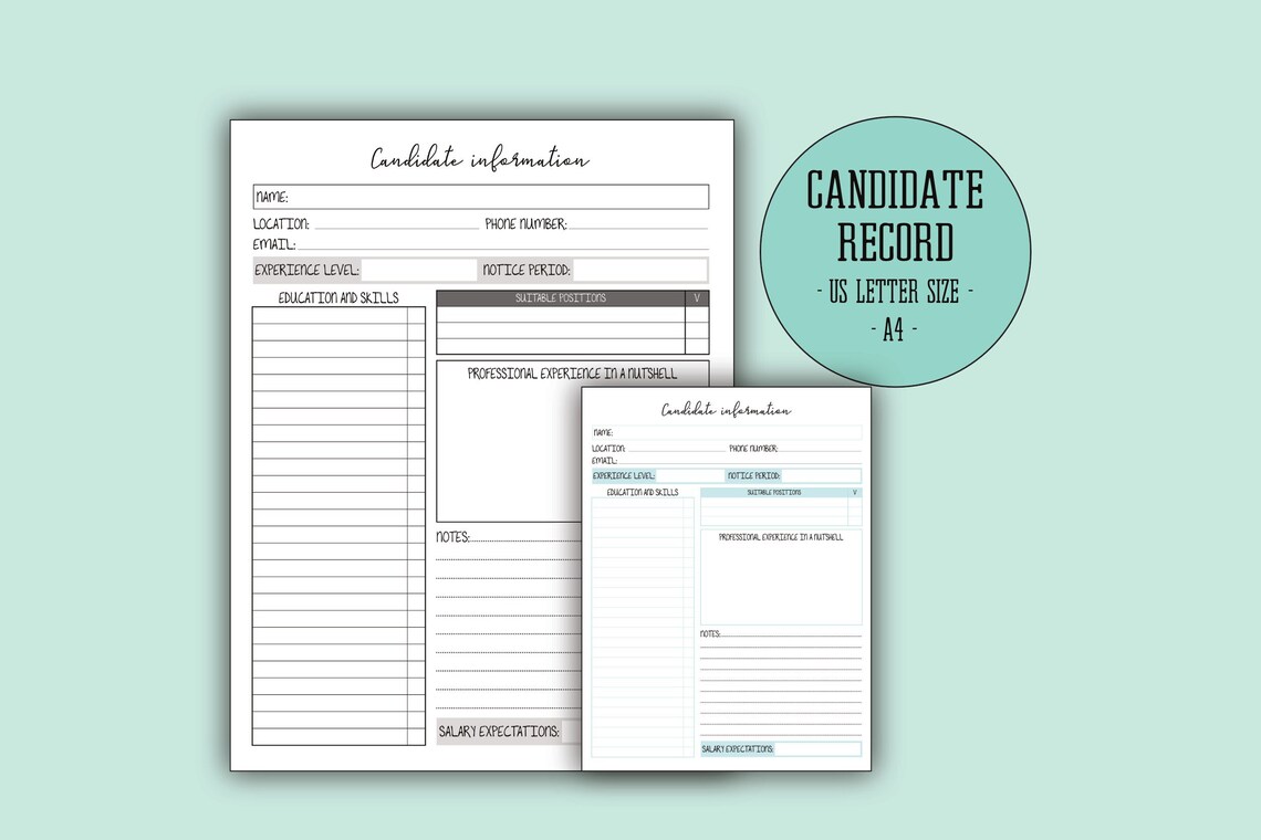 Candidate Record Sheet for Recruiters, Candidates Information Log ...