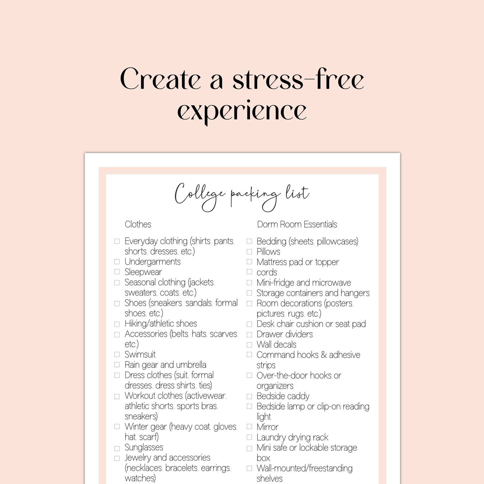 College Packing Checklist, Printable University Essentials Lists ...
