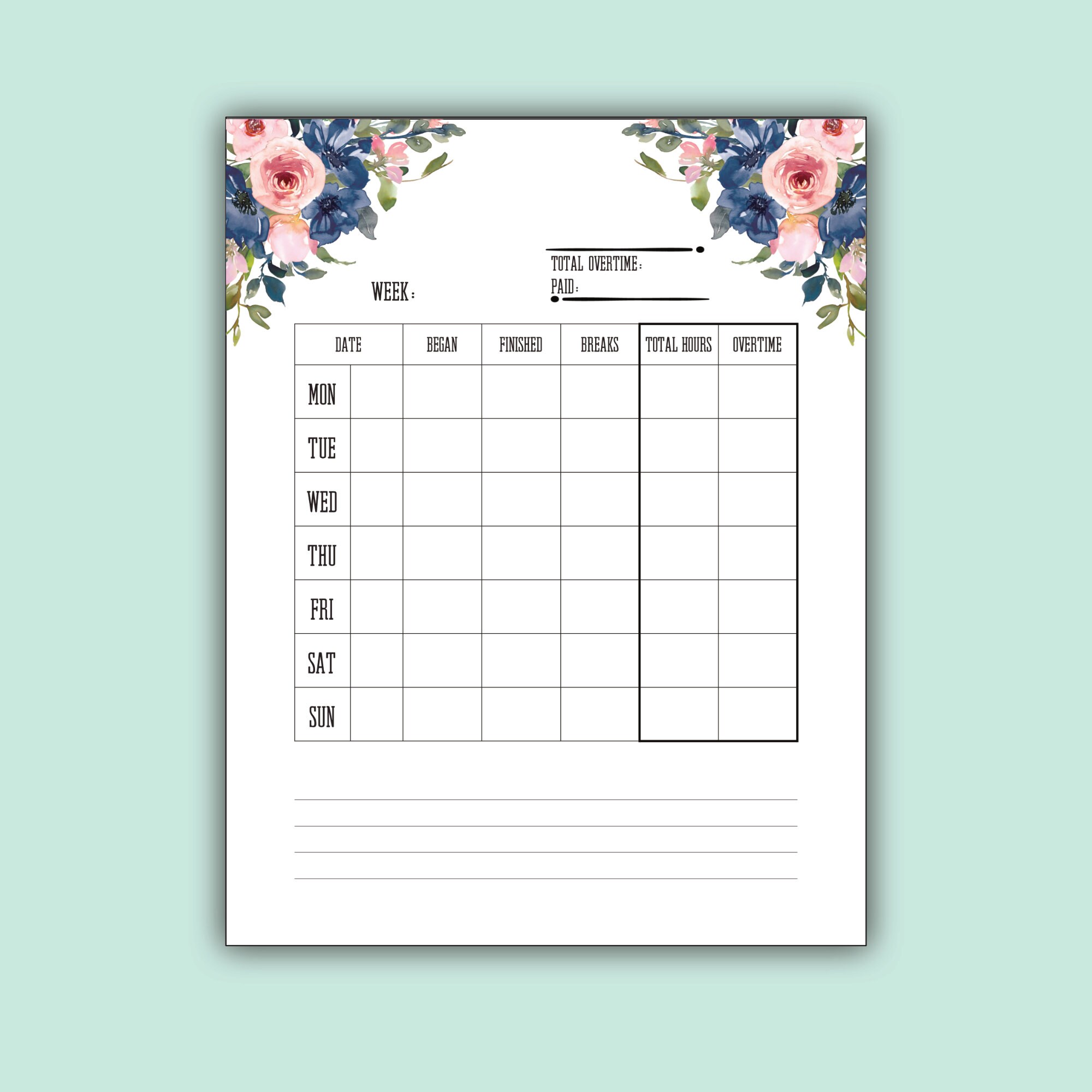 Weekly Time Sheet, Work Hour Log Including Overtime, Timesheet ...