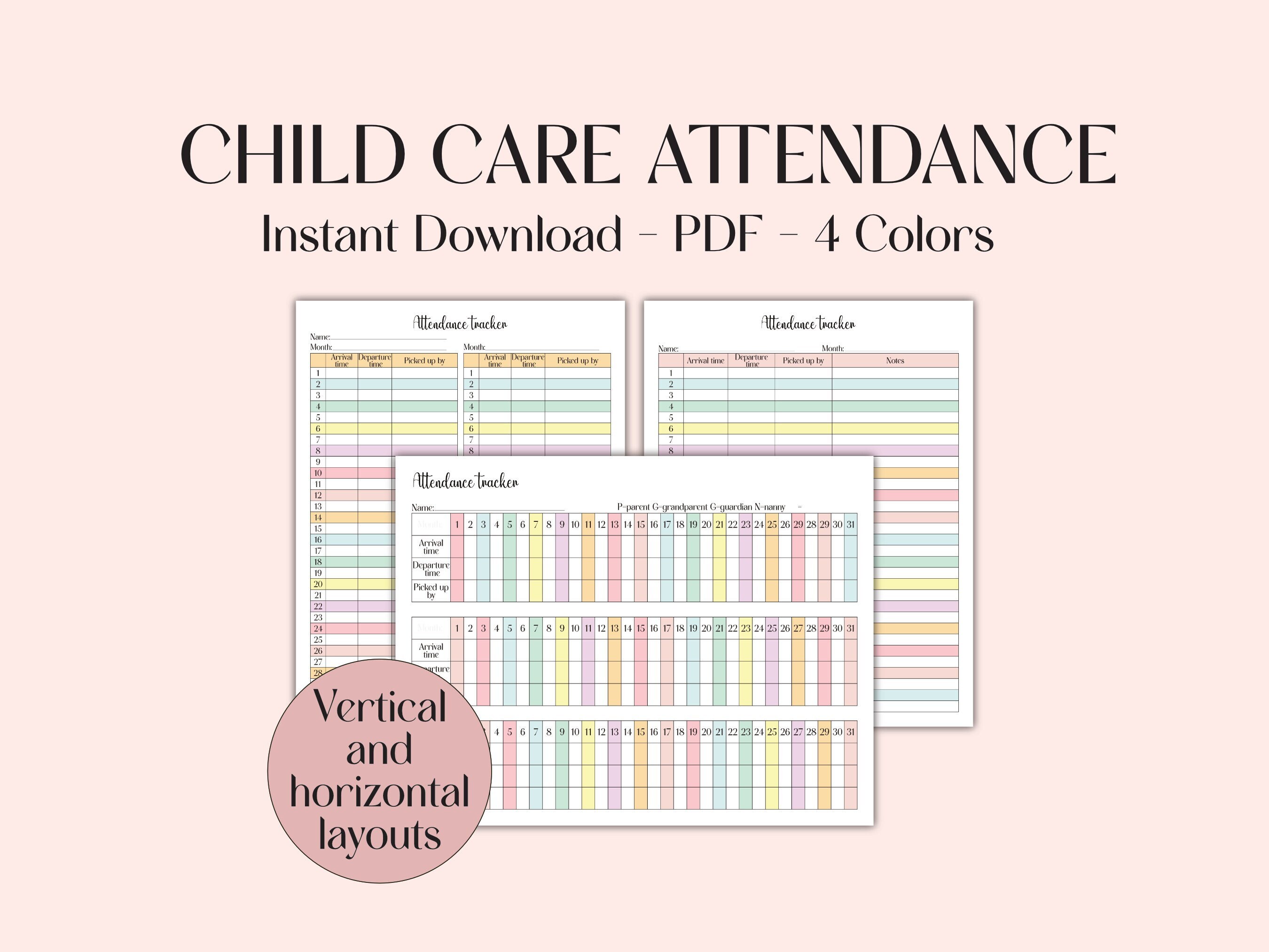 Child Care Attendance Tracker, Attendance List, Vertical and Horizontal ...