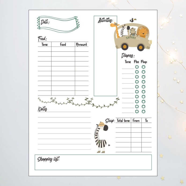 Printable Baby Log, Jungle / Safari Theme, Daily Baby Report, Printable ...