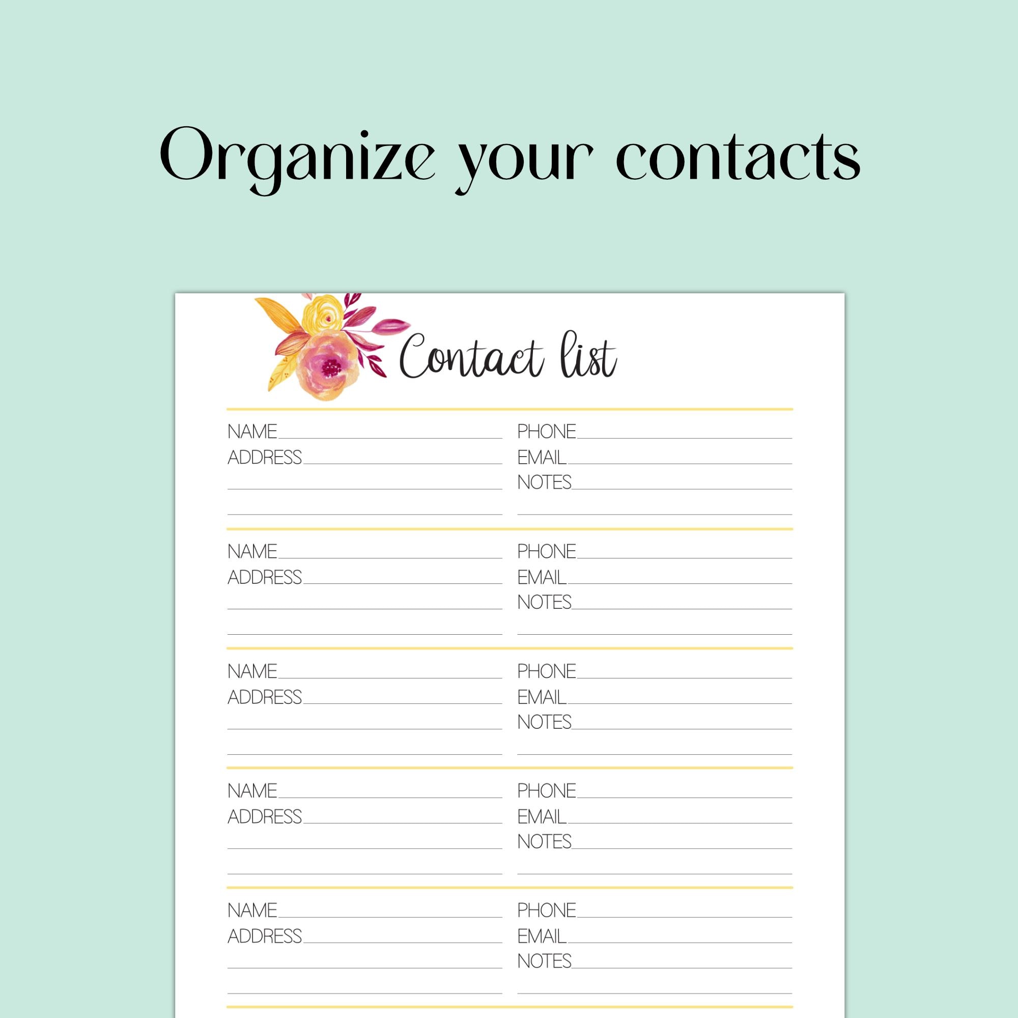 Printable Contact List, Floral Contacts Log, Address Book Template ...