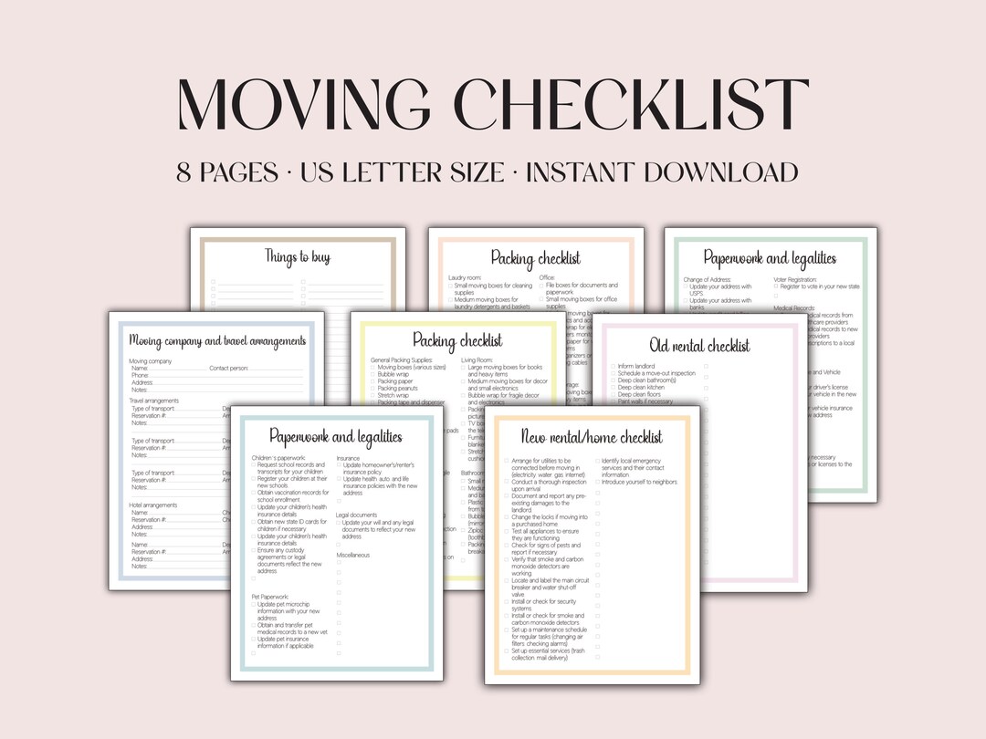 Moving Checklist, Printable Relocation Planner Suitable for Rentals and ...