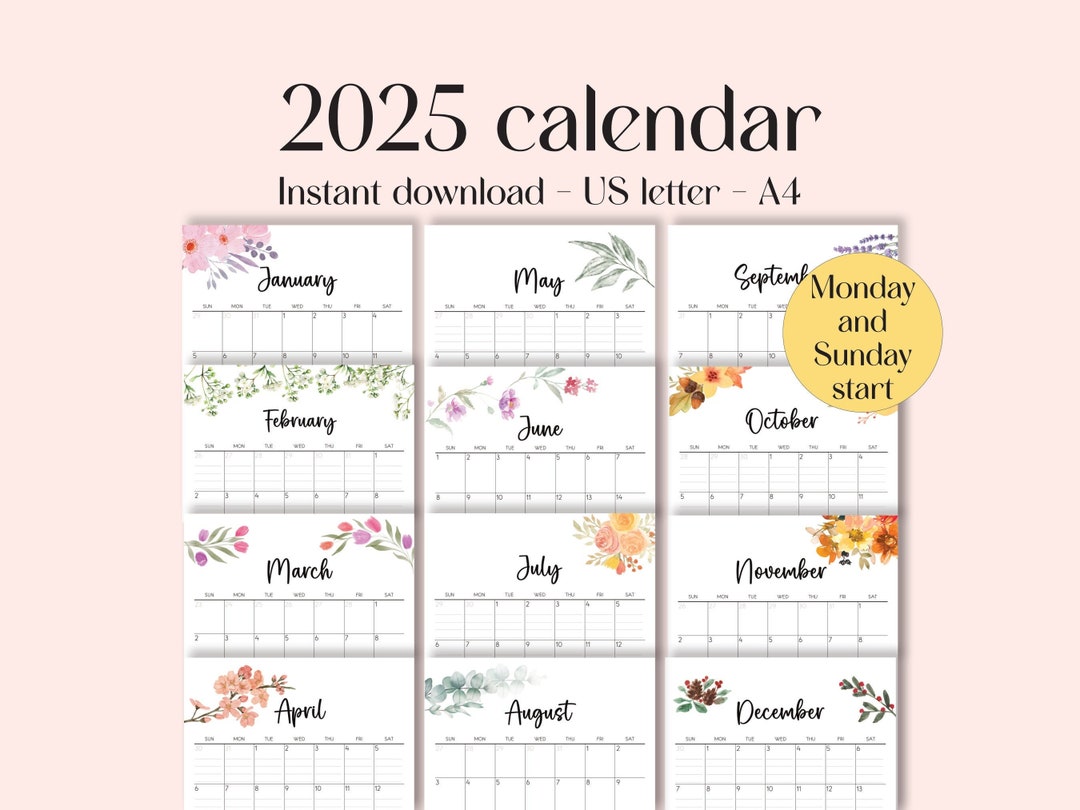 Printable 2025 Calendar, Floral and Botanical Planner, Sunday and ...