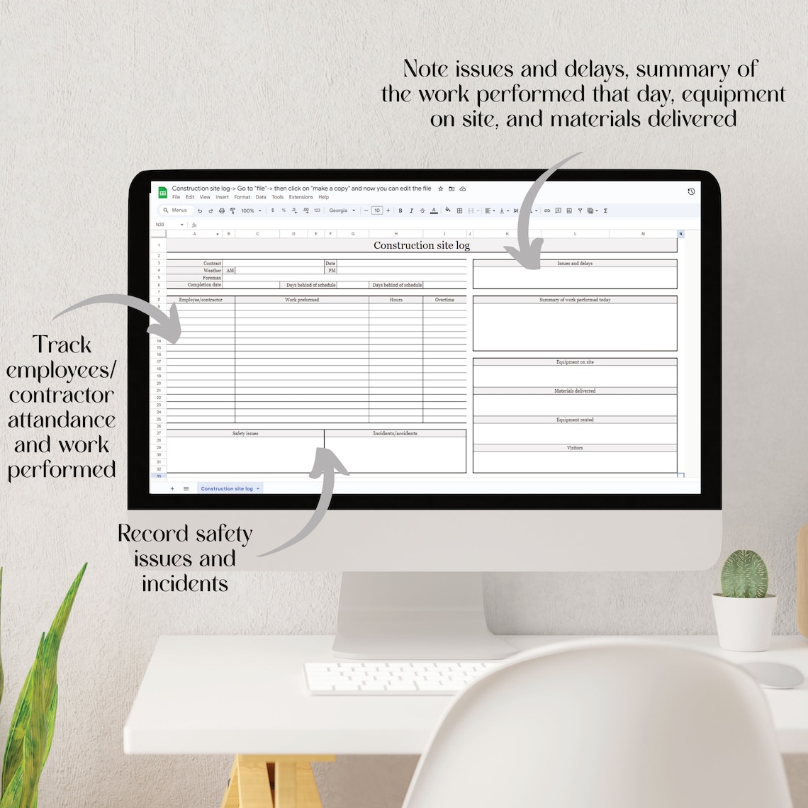 Construction Site Log Editable in Google Sheets, Job Site Project ...