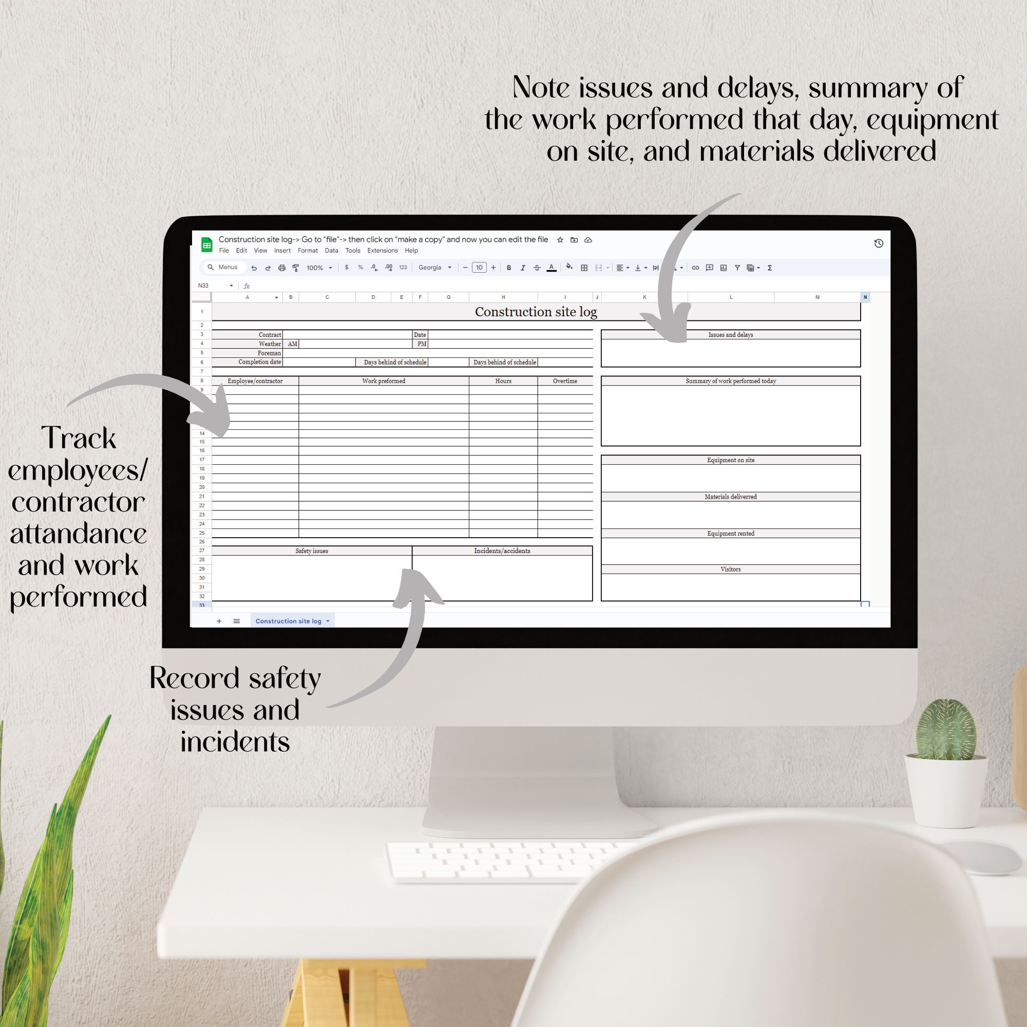 Construction Site Log Editable in Google Sheets, Job Site Project ...