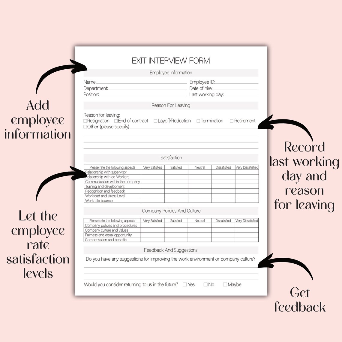 Exit Interview Form, Employee Resignation Feedback Survey, Departing ...