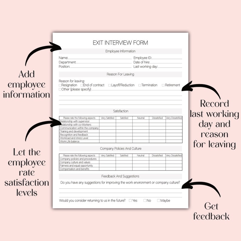 Exit Interview Form, Employee Resignation Feedback Survey, Departing Employee Questionnaire ...