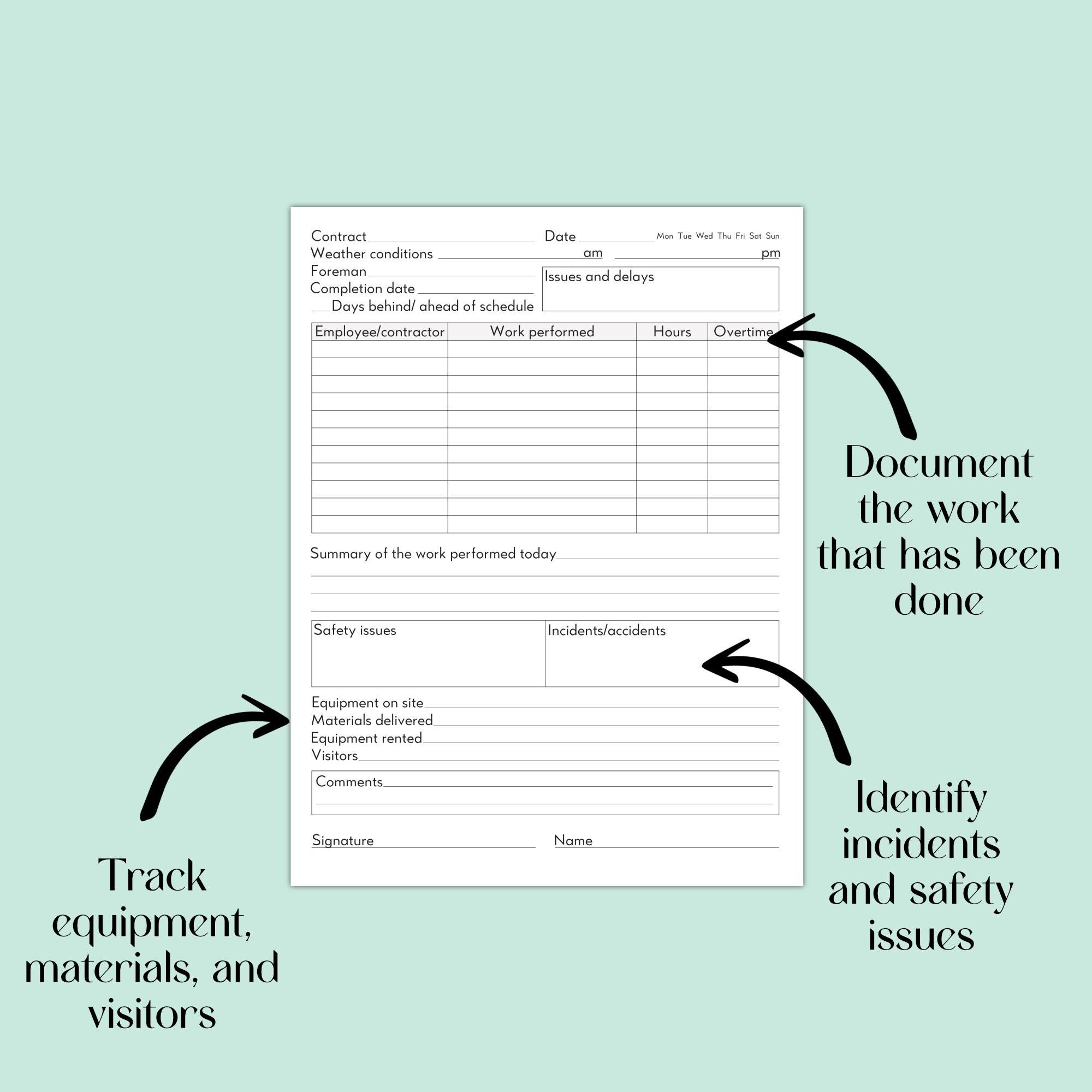 Construction Site Log, Job Site Project Management Report, Foreman Log ...