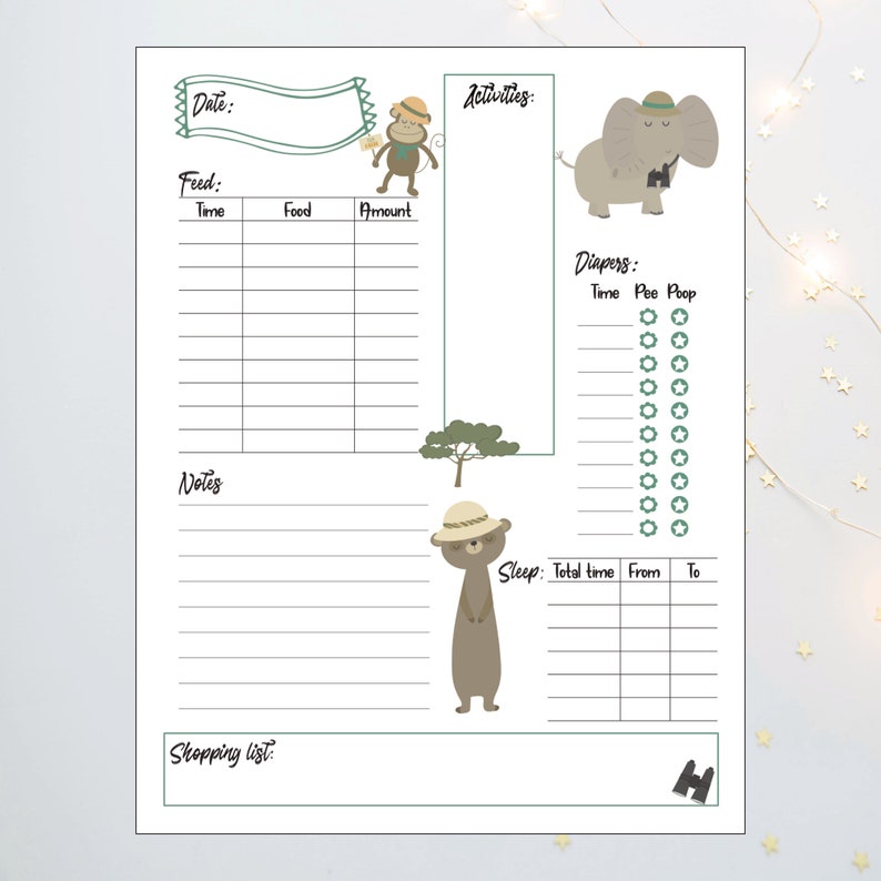 Printable Baby Log, Jungle / Safari Theme, Daily Baby Report, Printable ...