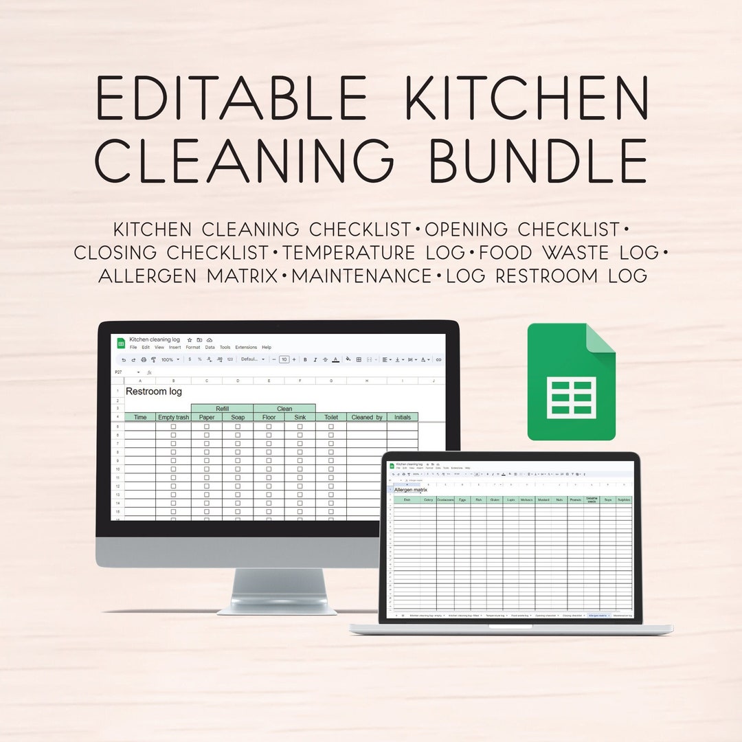 Editable Kitchen Cleaning Checklist, Google Sheets, Bundle for Food ...