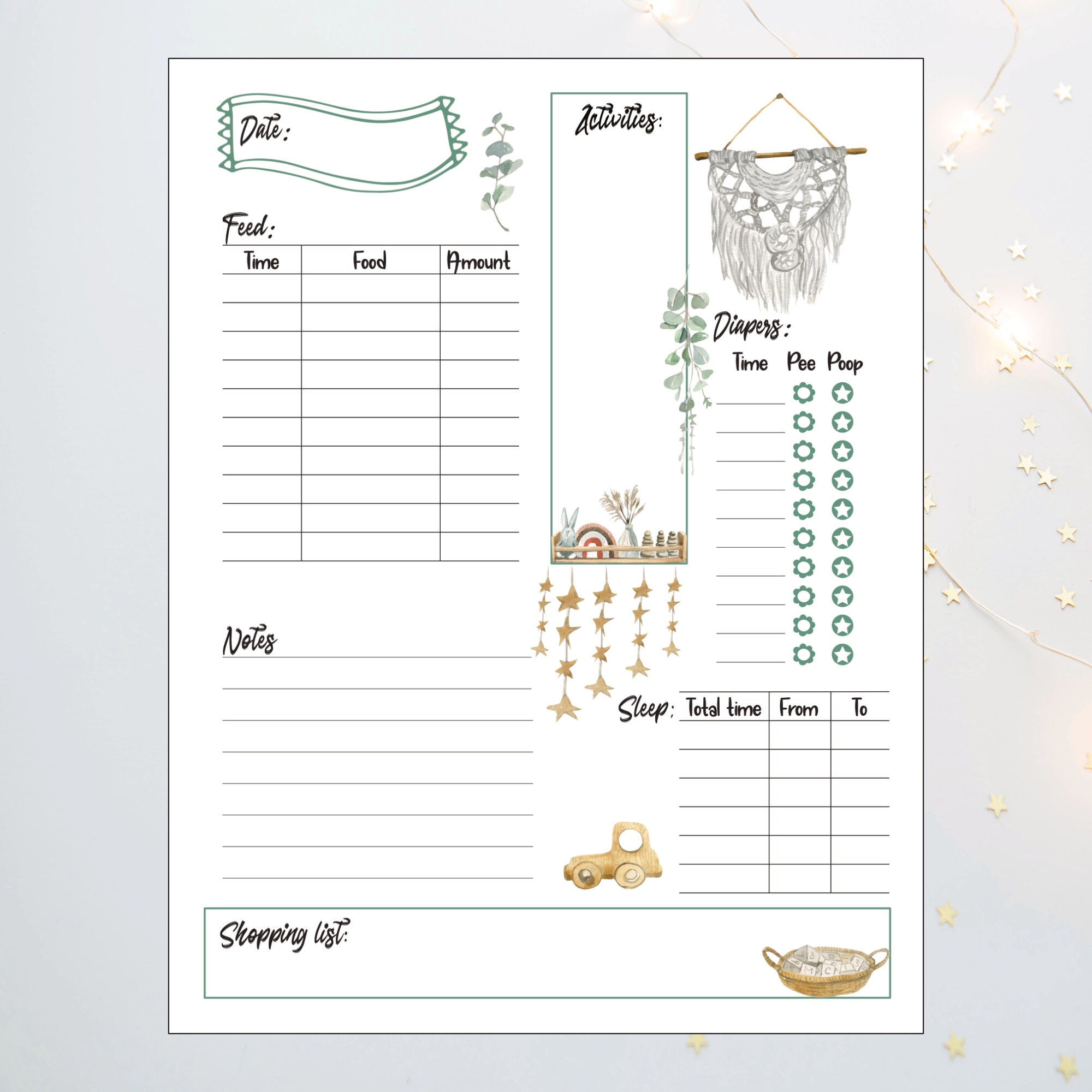 Printable Baby Log, Boho, Daily Baby Report, Printable Nanny Log ...