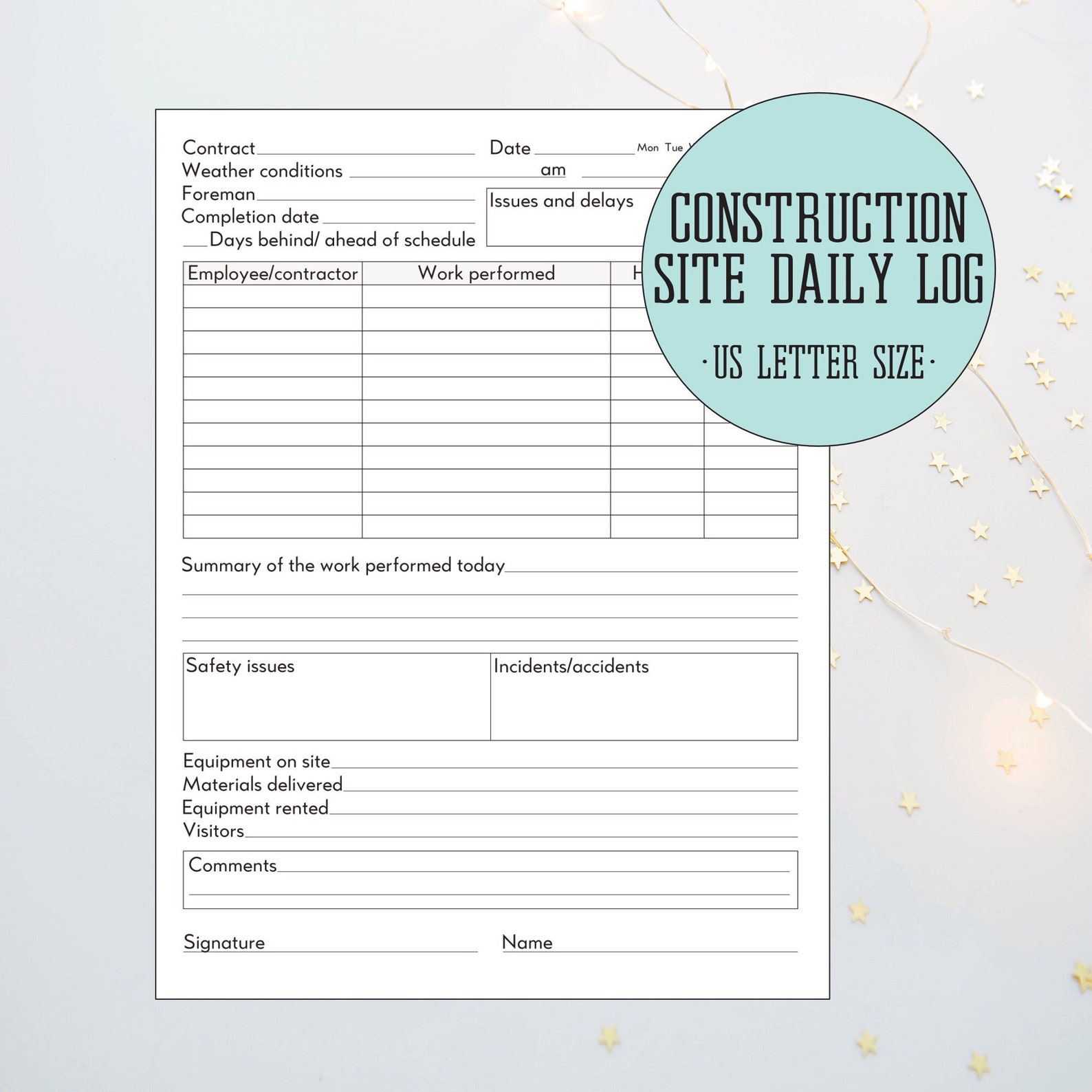 Construction Site Log Job Site Project Management Report - Etsy