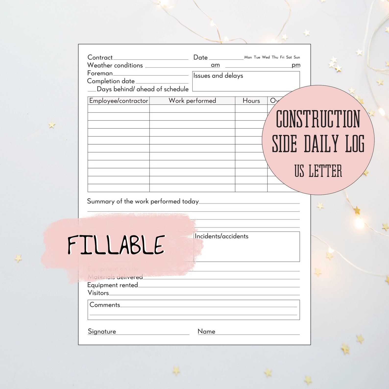 Editable Construction Site Log Job Site Project Management - Etsy